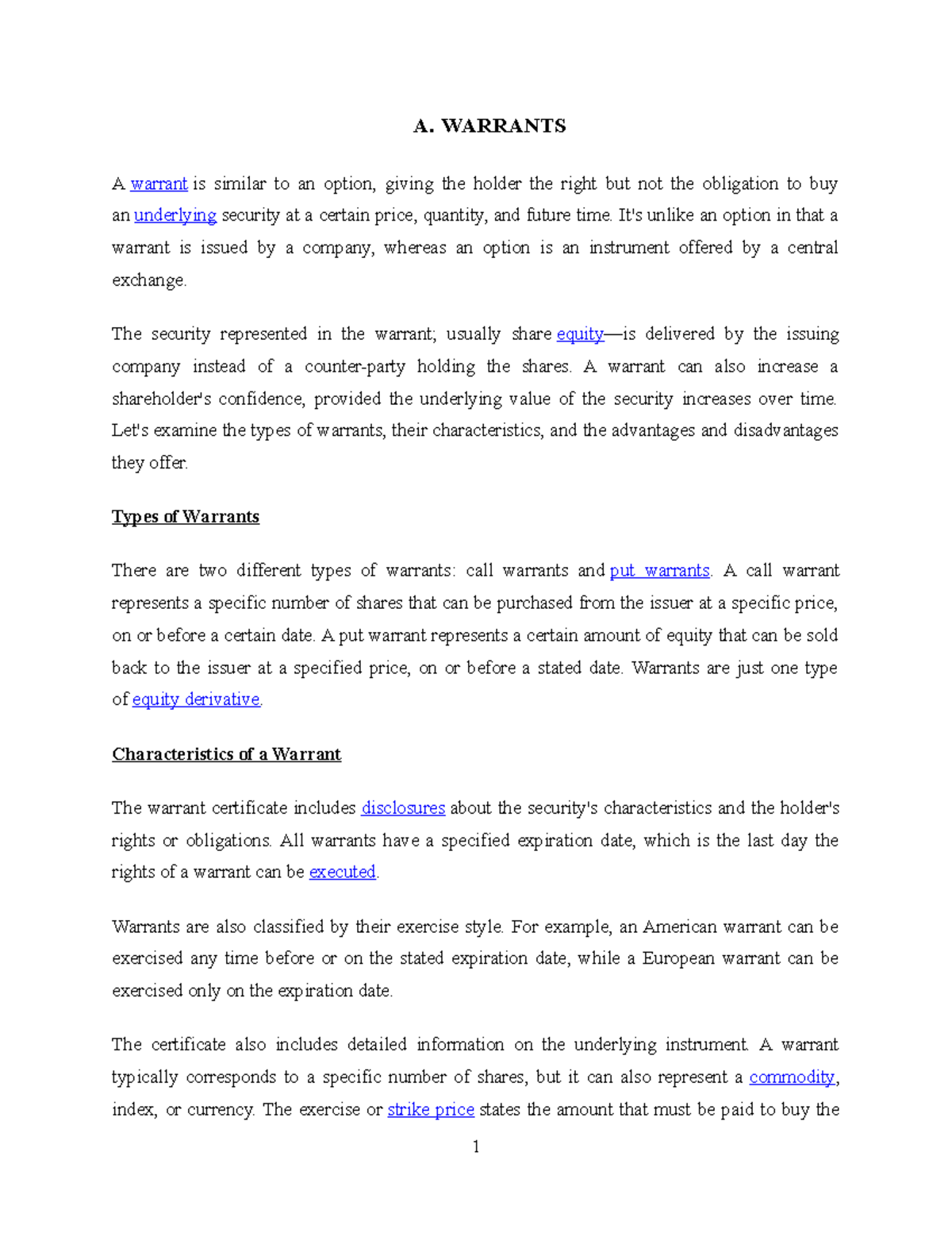 Warrants - Frank, K. R. (2005). Investment analysis and portfoio ...