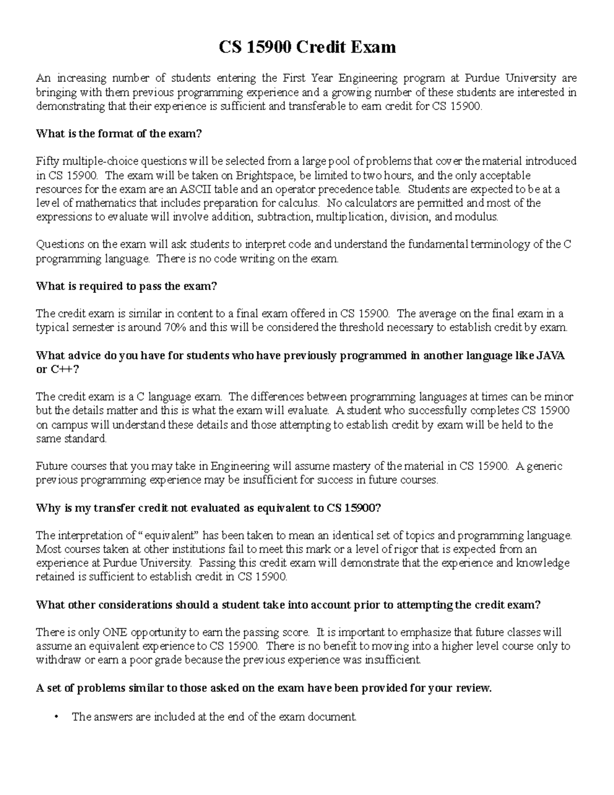 CS159info1 - Practise - CS 15900 Credit Exam An increasing number of ...