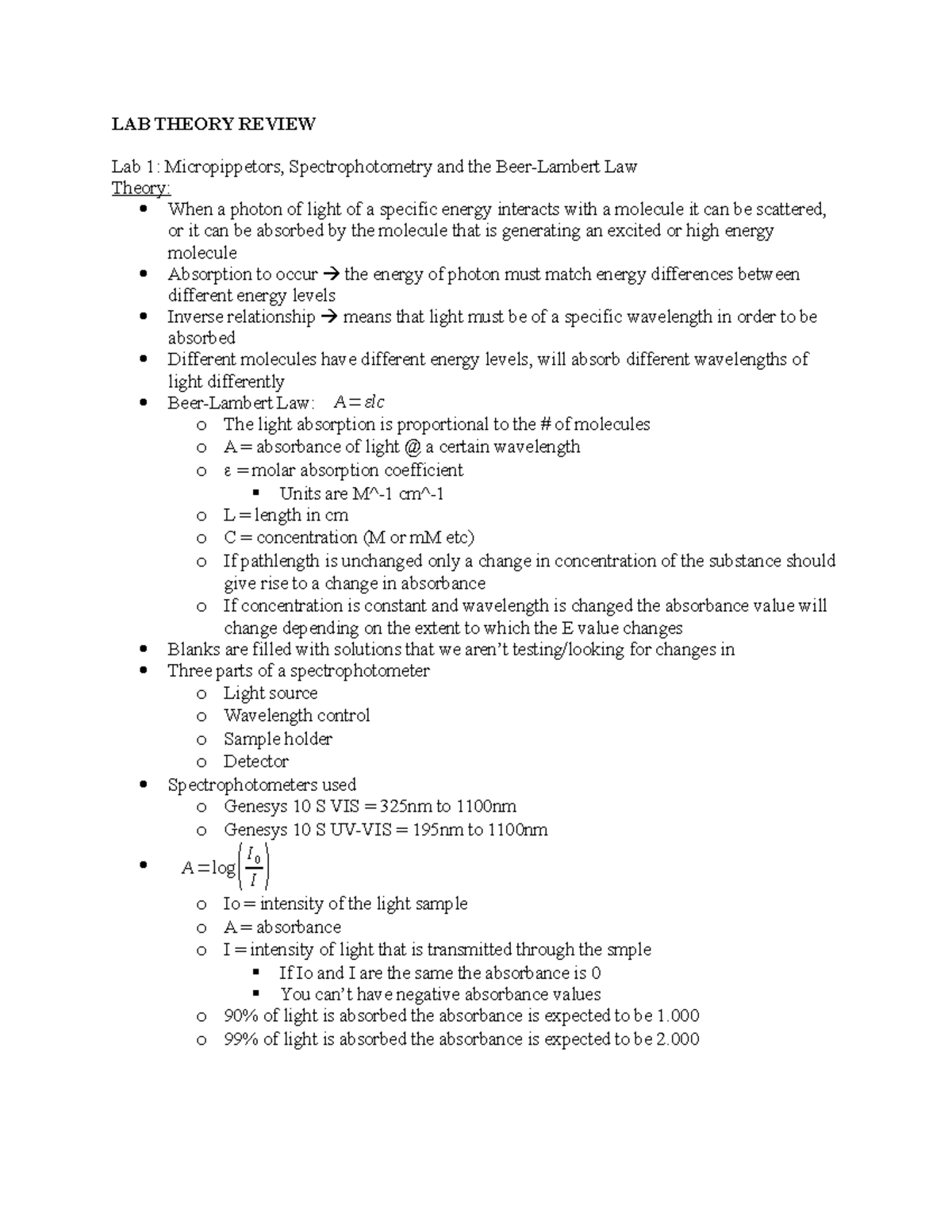 Lab Final Review - LAB THEORY REVIEW Lab 1: Micropippetors ...