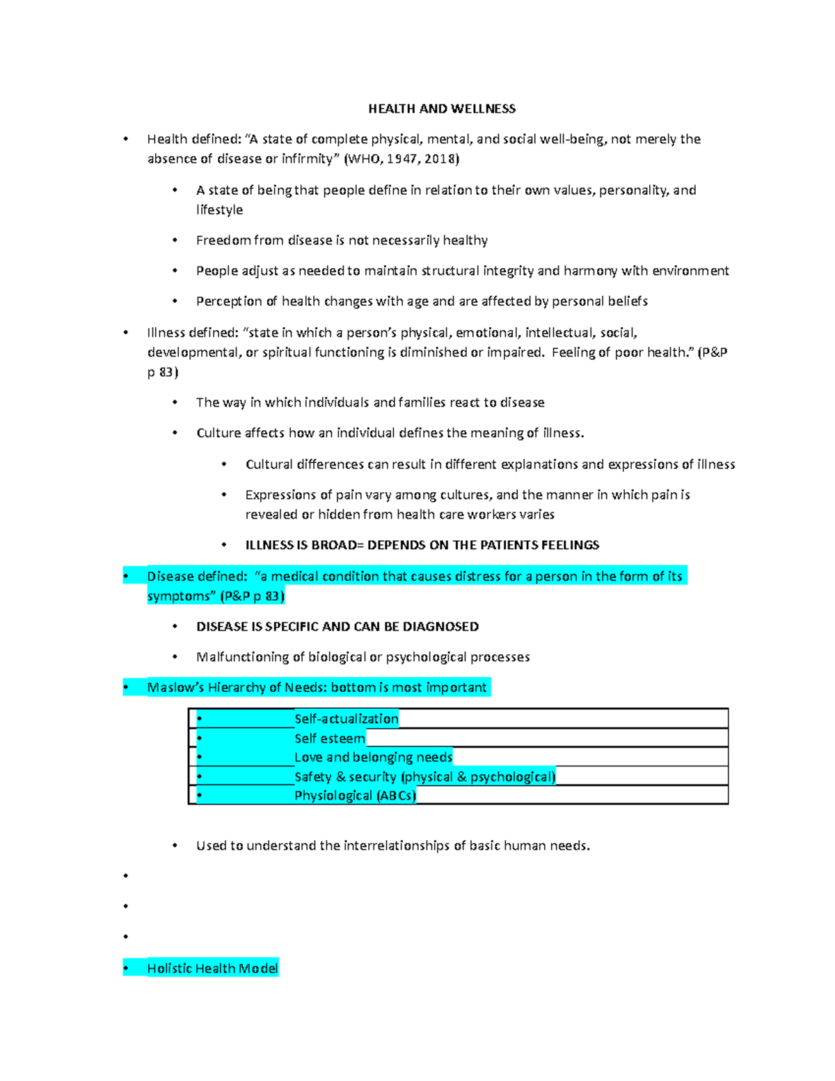 Health and wellness outline - HEALTH AND WELLNESS Health defined: “A ...