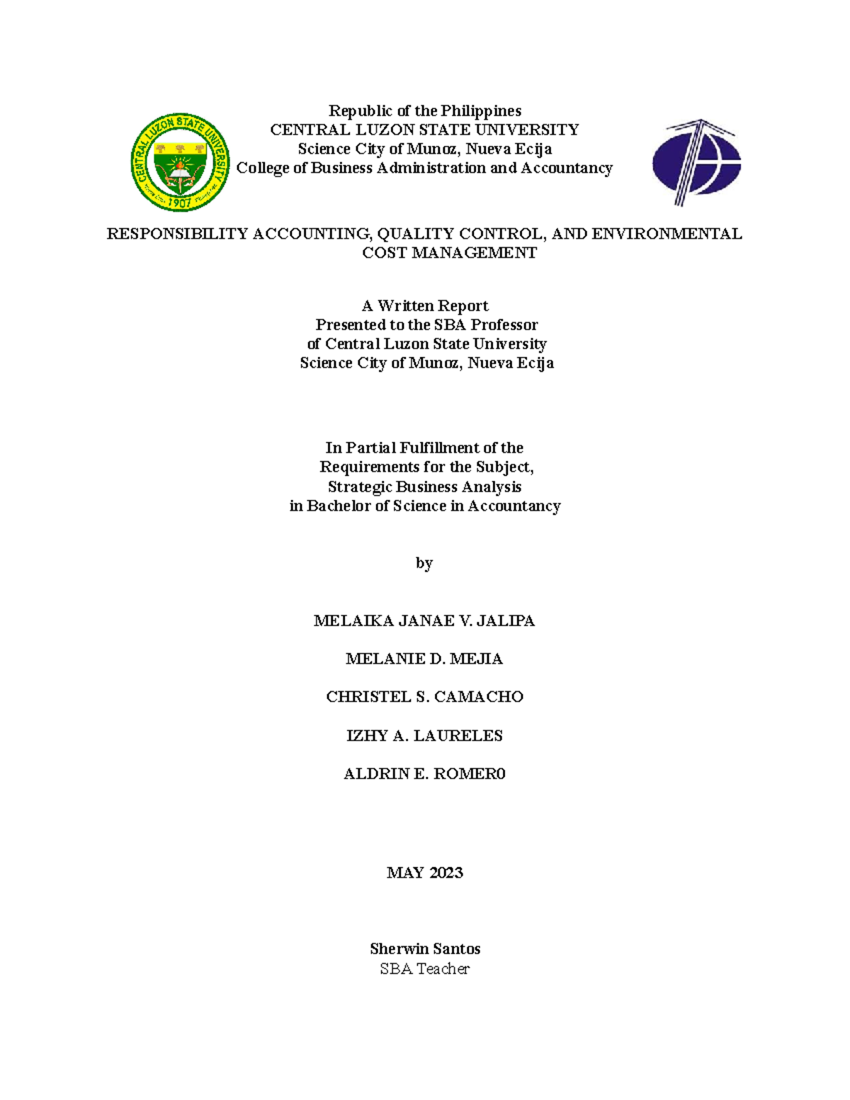 SBA Written Report Group 7 - Republic of the Philippines CENTRAL LUZON ...