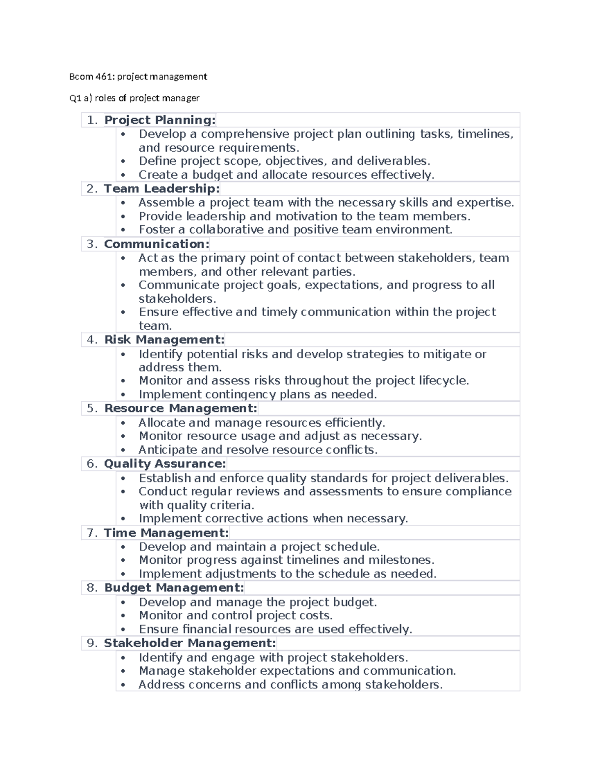 Bcom 461 marking scheme - Bcom 461: project management Q1 a) roles of project manager 1. Project ...