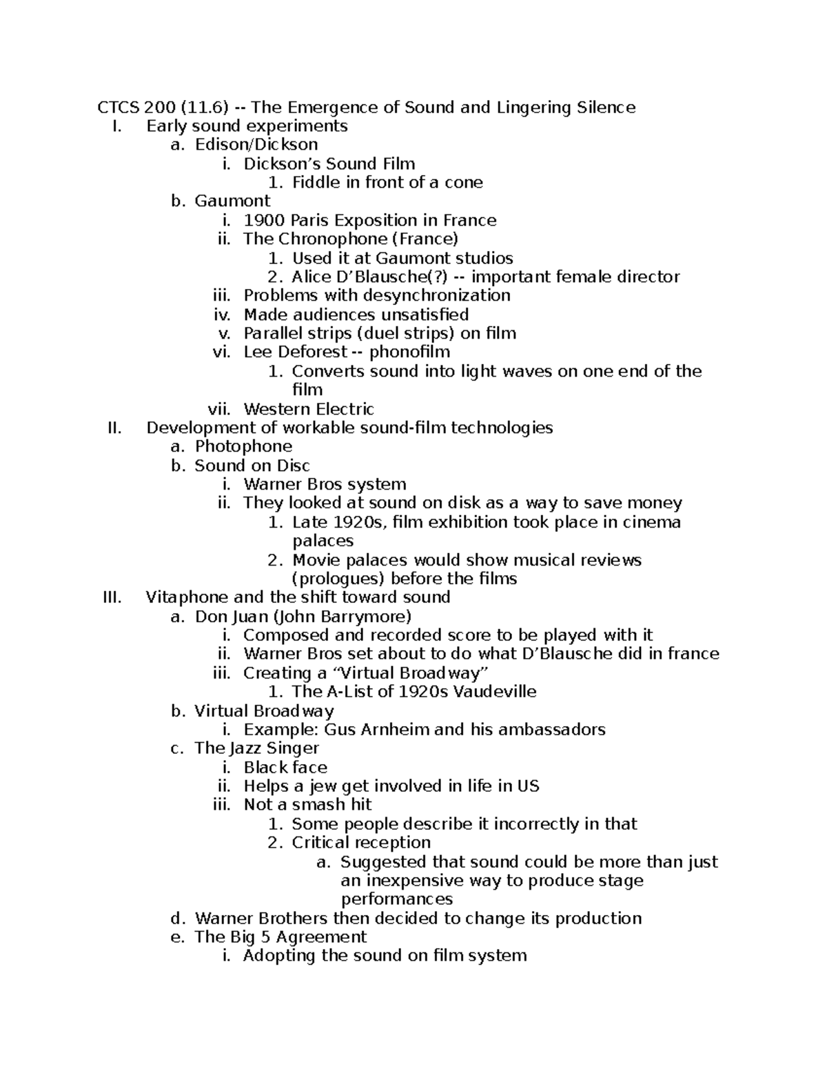 CTCS200 11/6/2017 - CTCS 200 (11) - The Emergence of Sound and Lingering Silence I. Early sound ...