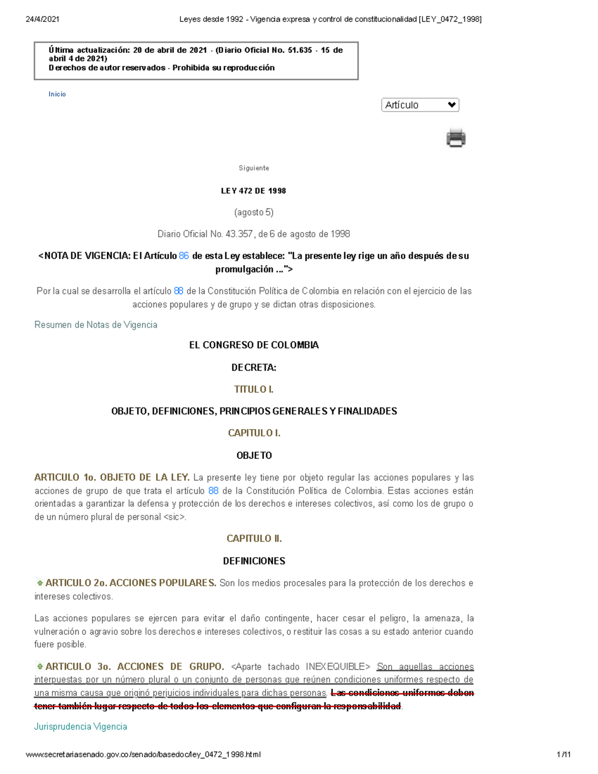 Ley 472 de 1998 Desarrolla Art. 88 CN Acciones Populares y de grupo - 24/4/2021 Leyes desde 1992 ...