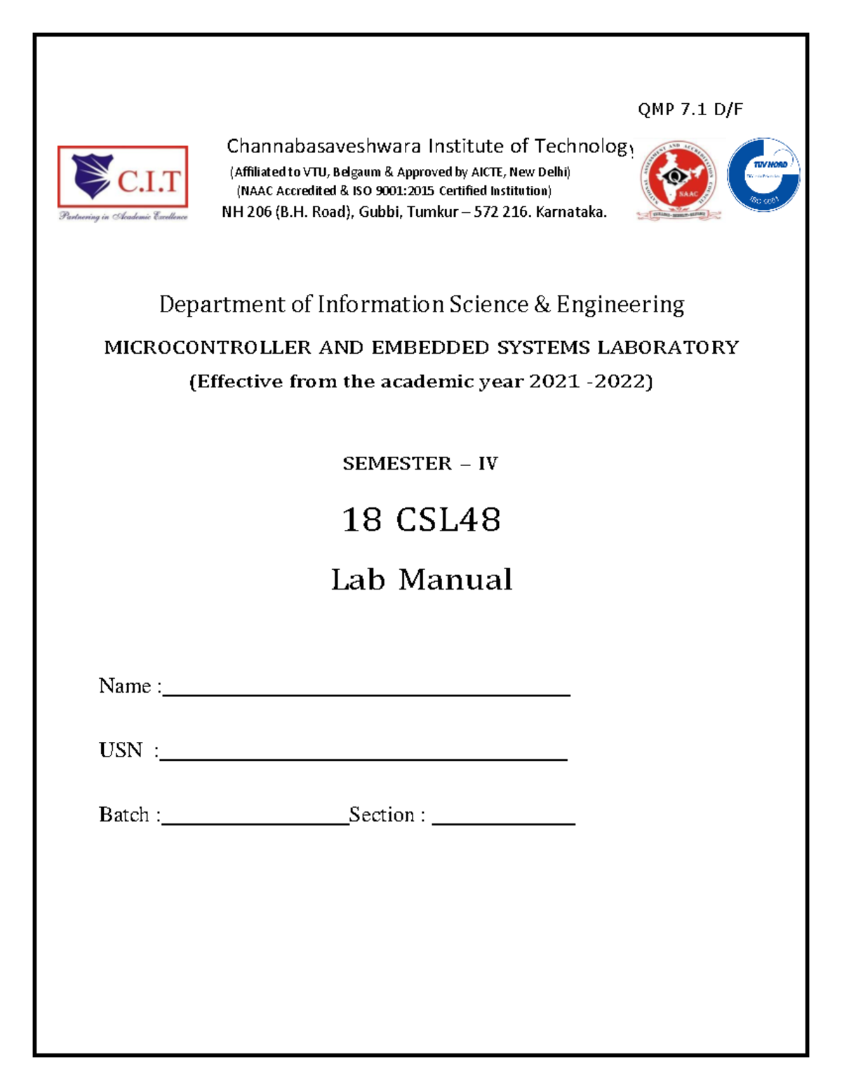 MES LAB Manual 2021 22 - QMP 7 D/F Channabasaveshwara Institute of Technolog y (Affiliated to ...