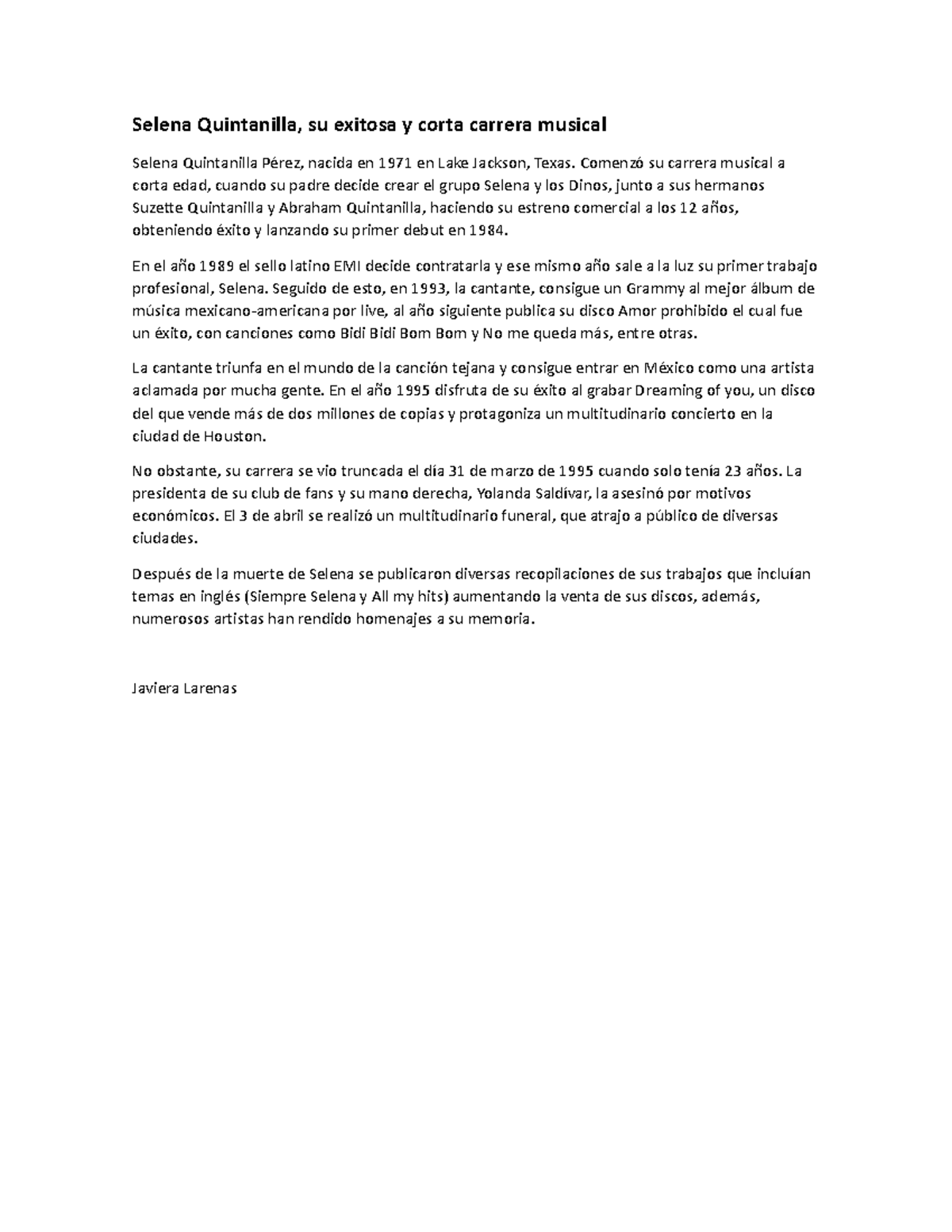 Biografia Selena Quintanilla - Selena Quintanilla, su exitosa y corta ...