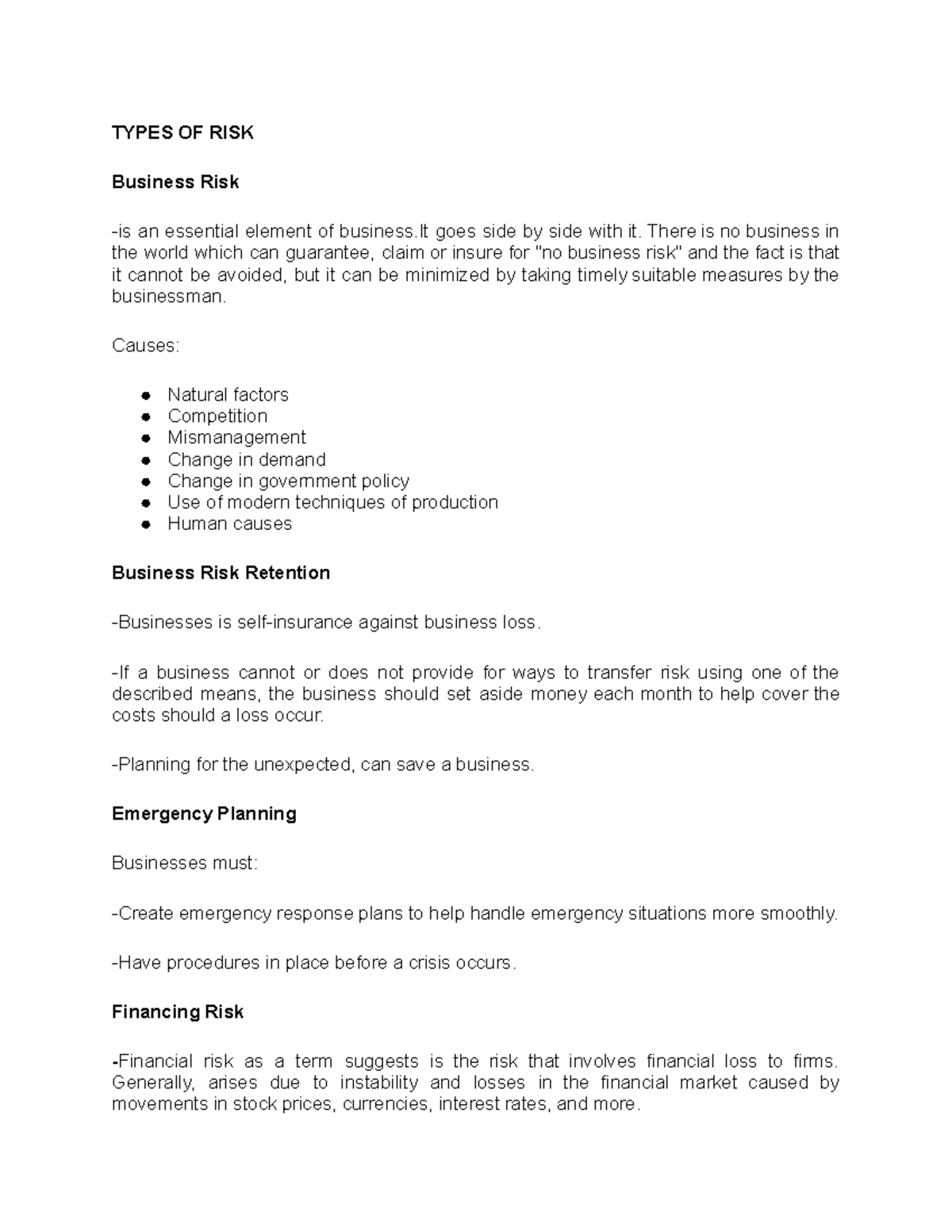 Notes on Types OF RISK - TYPES OF RISK Business Risk -is an essential ...