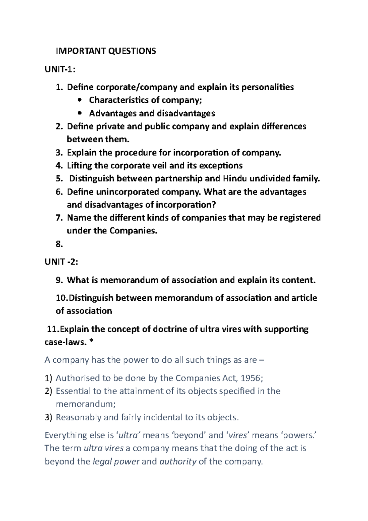 Corporate law - IMPORTANT QUESTIONS UNIT-1: Define corporate/company ...