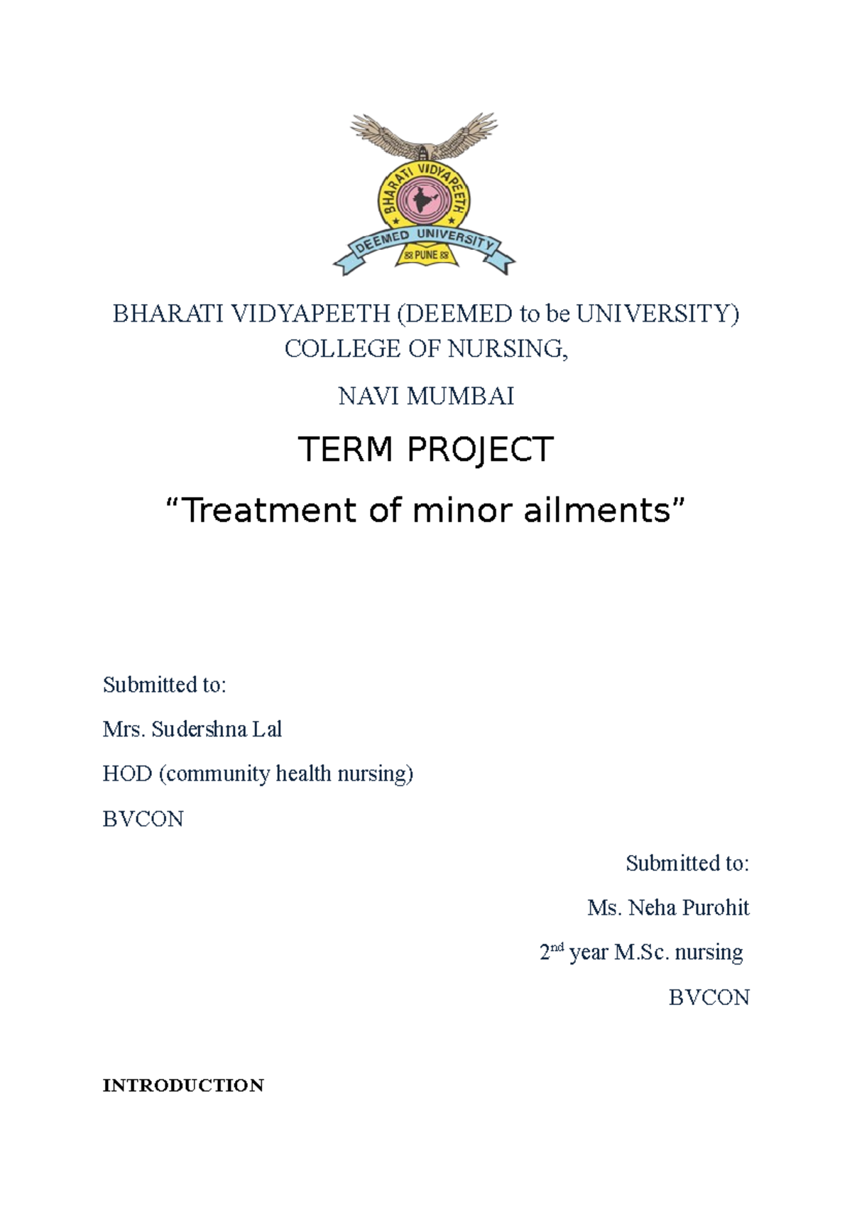Treatment of minor ailments - BHARATI VIDYAPEETH (DEEMED to be ...
