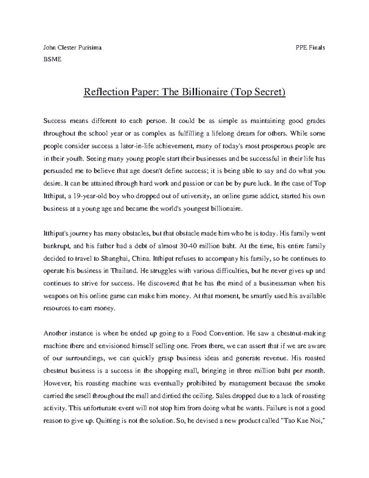 Purisima Reflection Paper - John Clester Purisima PPE Finals BSME ...