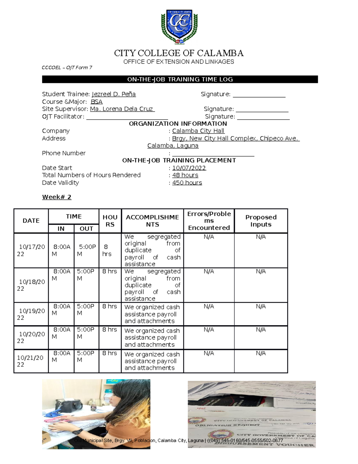 OJT form7 - Pena - asd - CITY COLLEGE OF CALAMBA OFFICE OF EXTENSION AND LINKAGES CCCOEL – OJT ...