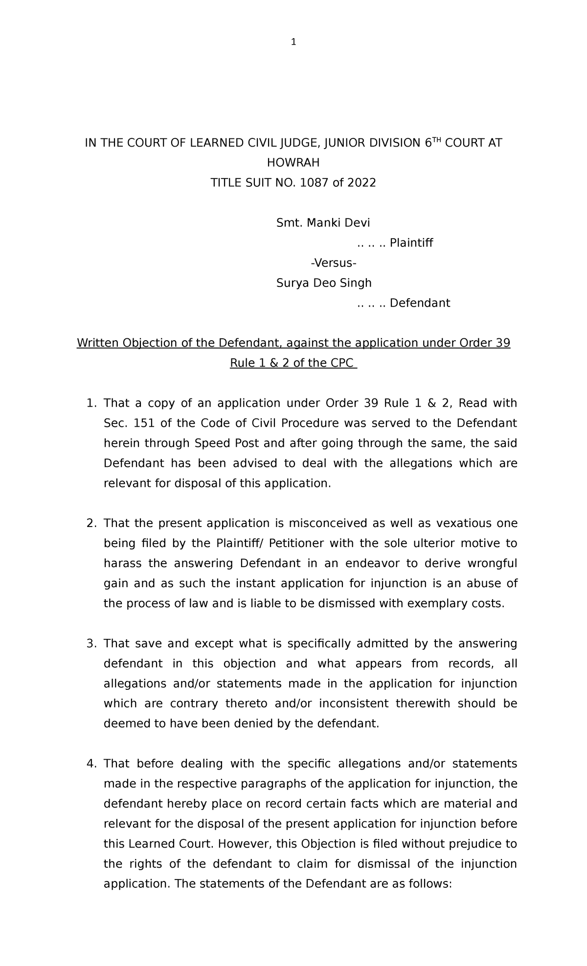 Written Objection - Manki DEVI - IN THE COURT OF LEARNED CIVIL JUDGE ...