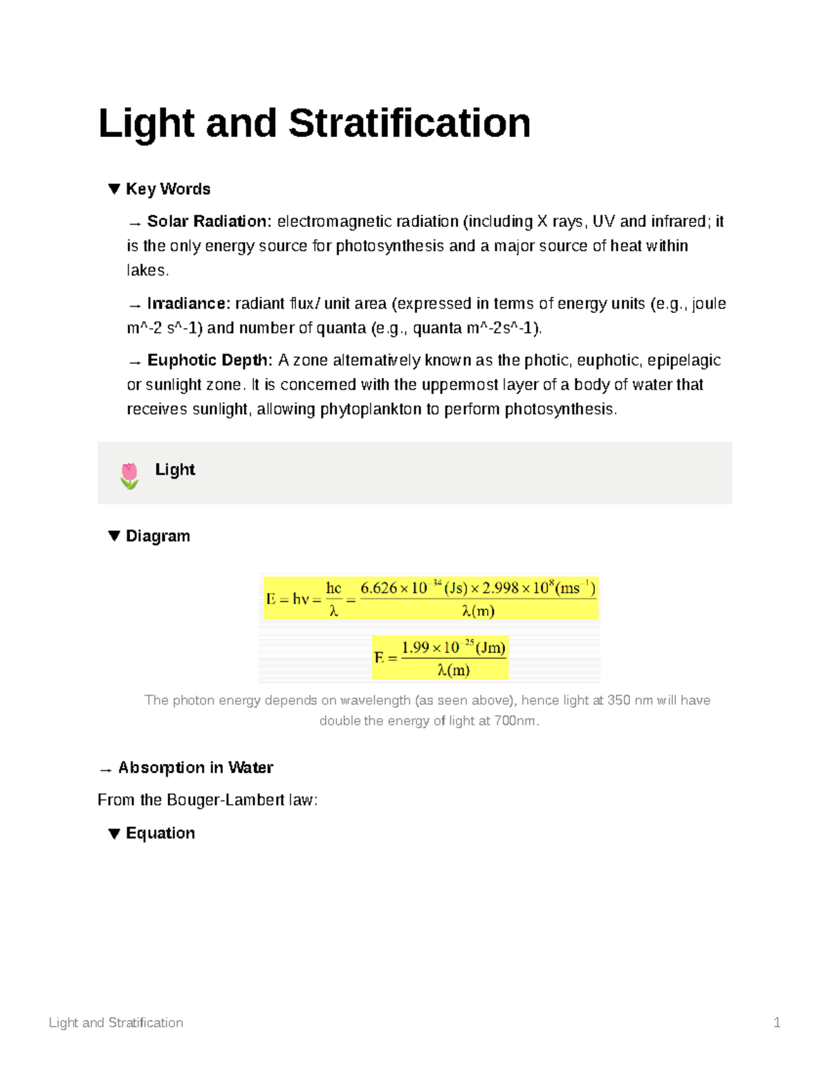 Week 3 Notes - Light and Stratification - Light and Stratification Key ...