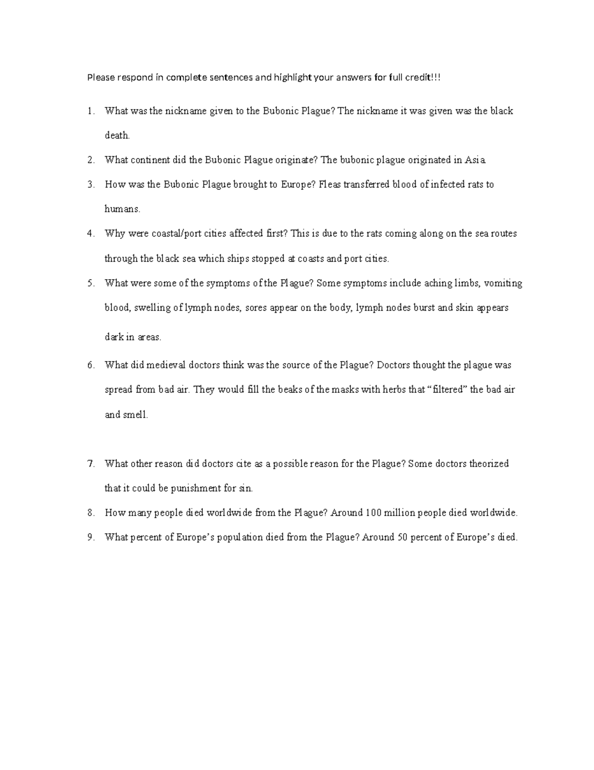 Bubonic Plague Questions - Please respond in complete sentences and ...