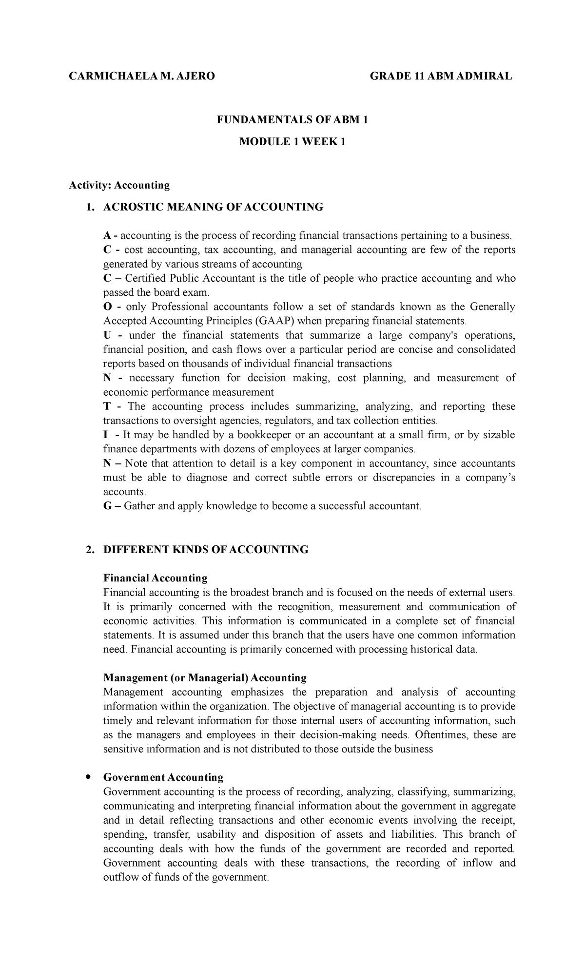 FUNDAMENTALS OF ACCOUNTING ABM - CARMICHAELA M. AJERO GRADE 11 ABM ...