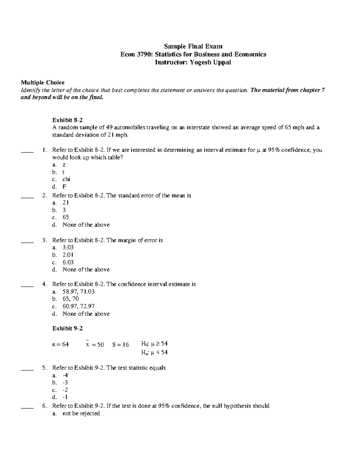 Sample final exam youngstown state university - Sample Final Exam Econ ...