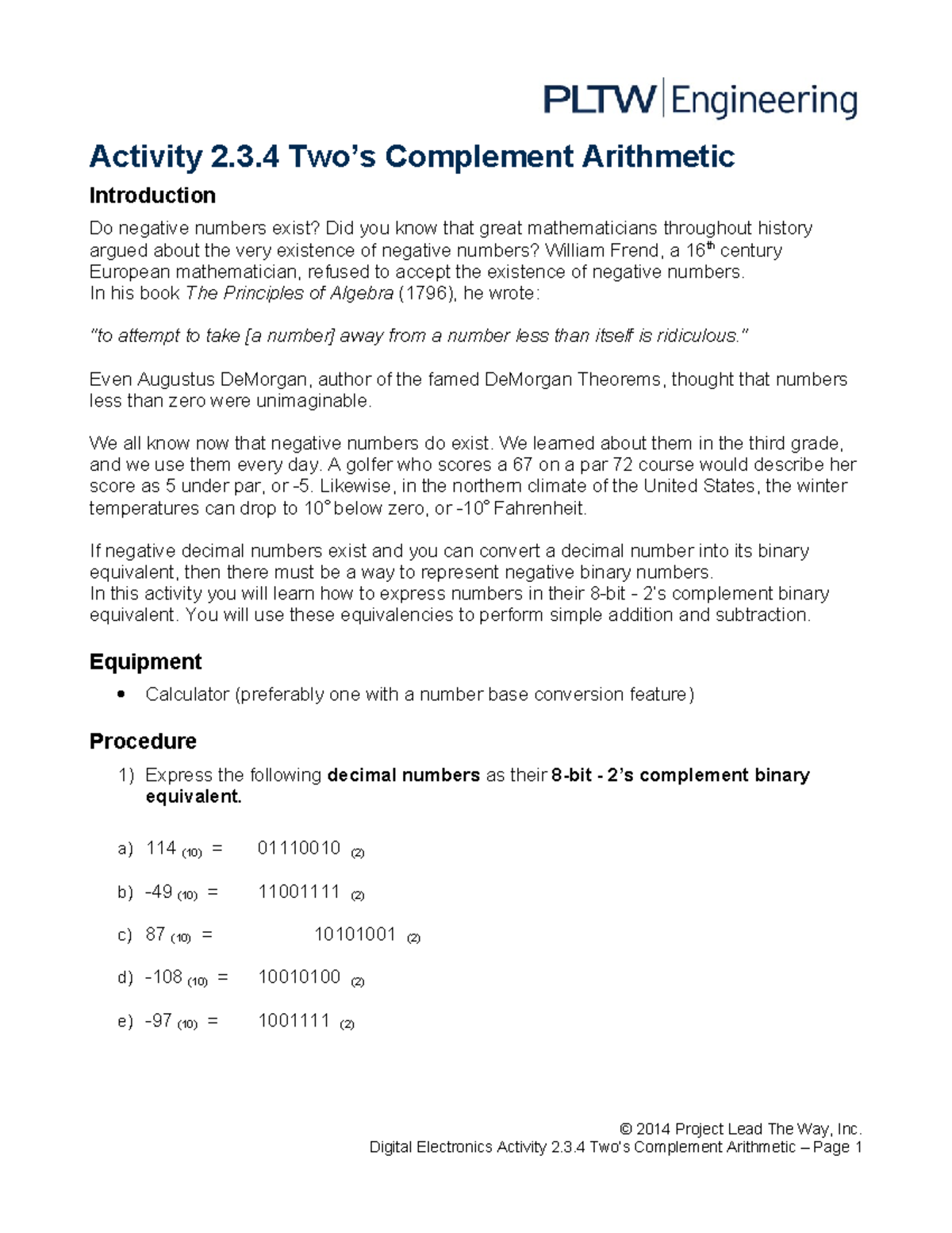 234a Two Complement Arithmetic Activity 23 Twos Complement Arithmetic Introduction Do