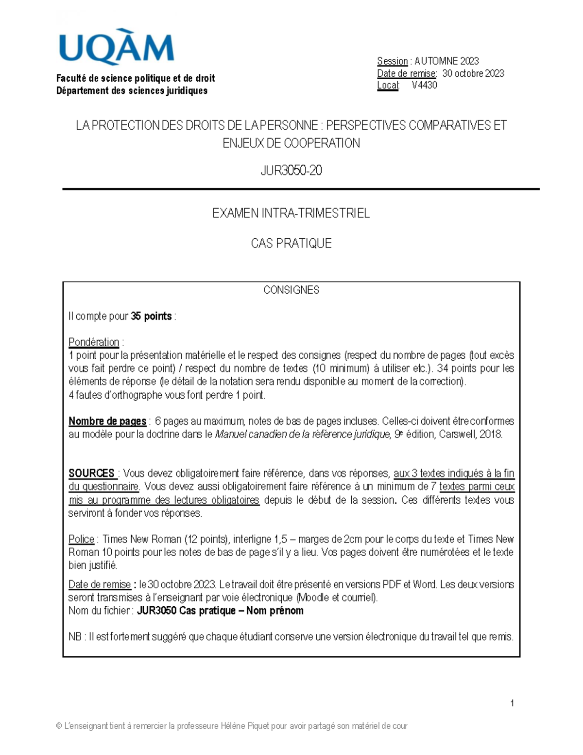Cas pratique - JUR3050 Aut. 2023 - 1 LA PROTECTION DES DROITS DE LA ...