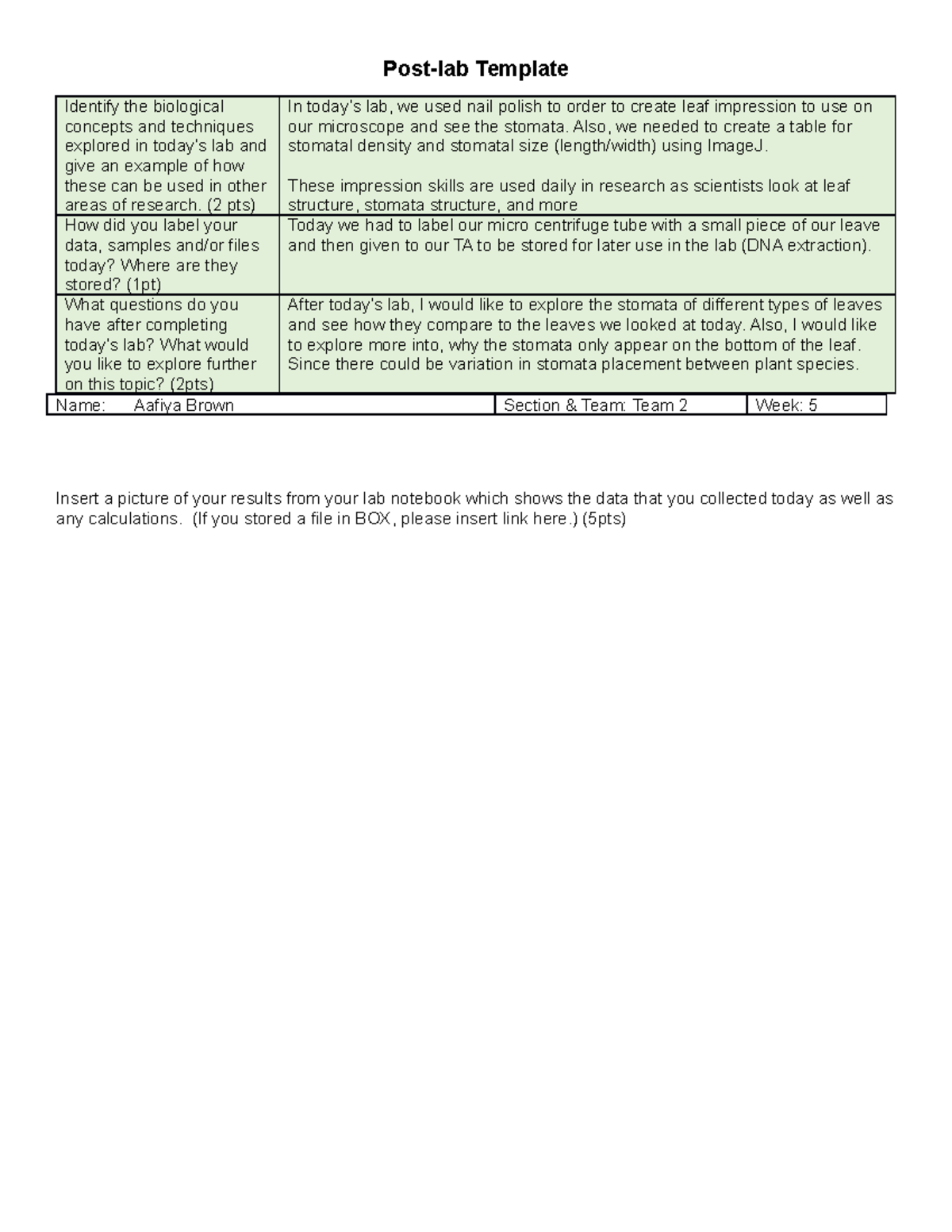 BIO 1105 Post-lab Assignment Day 5 (Summer) - Post-lab Template ...