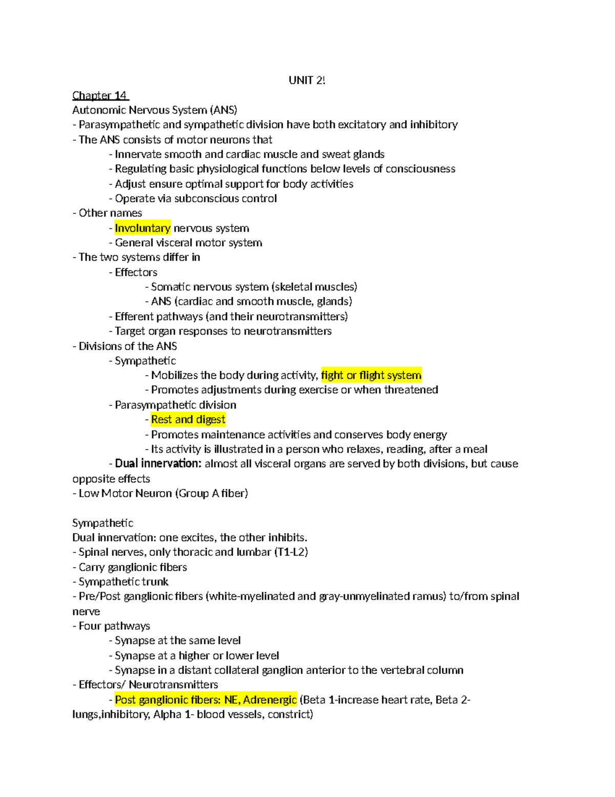 UNIT 2 Notes - unit 2 - UNIT 2! Chapter 14 Autonomic Nervous System ...
