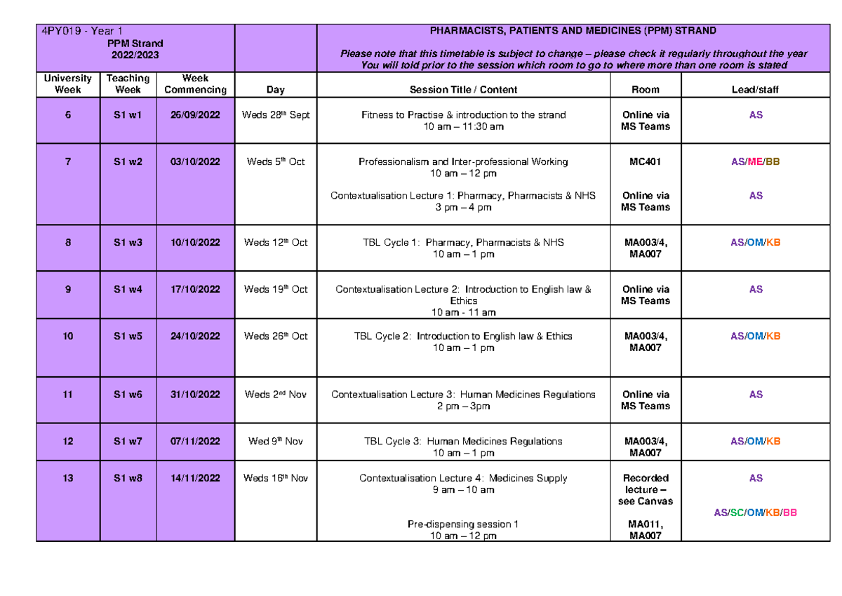 4PY019 PPM timetable semester 1 2022-2023 v2 - 4PY019 - Year 1 PPM ...