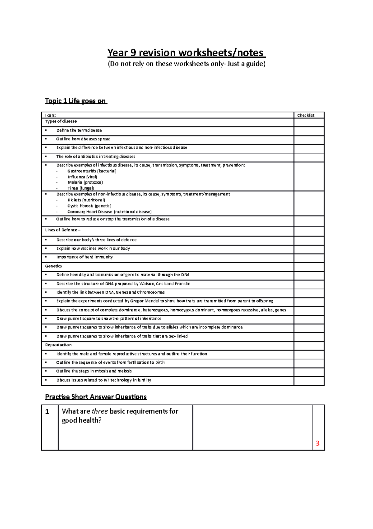 Year 9 revision worksheets - Year 9 revision worksheets/notes (Do not ...