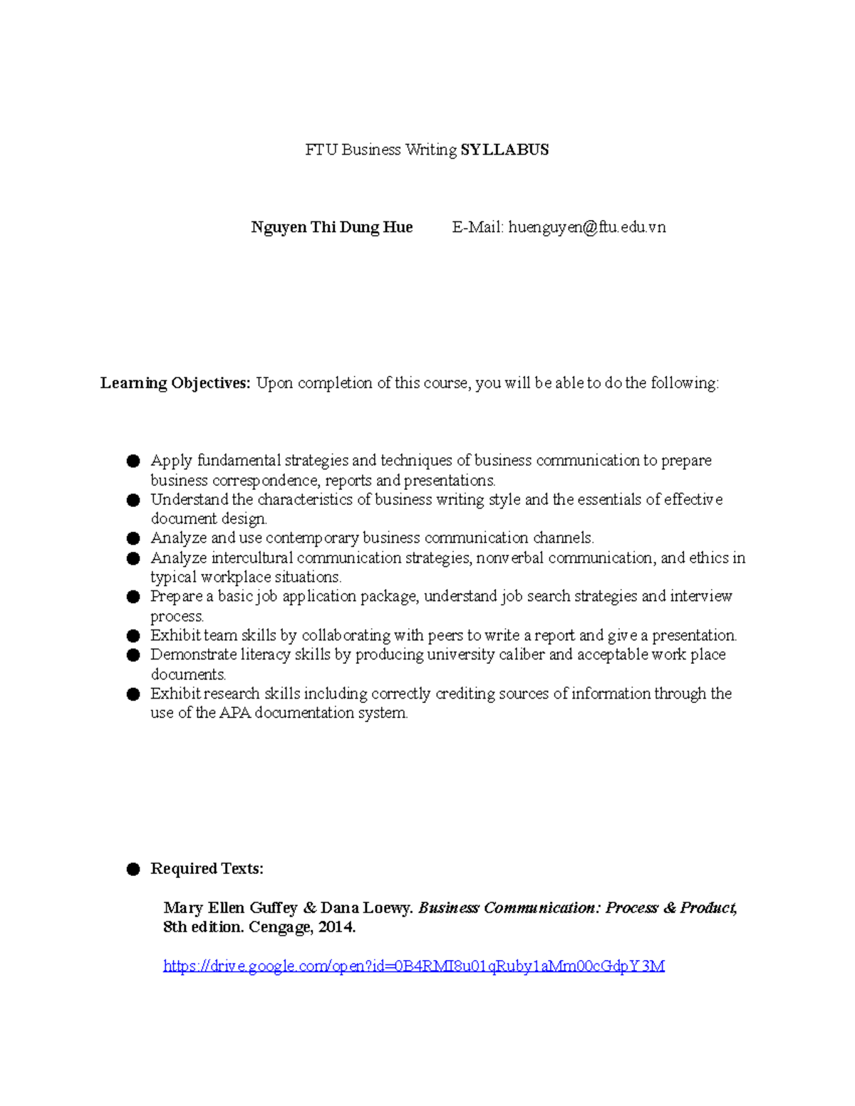FTU Business Writing syllabus 2022 - FTU Business Writing SYLLABUS ...