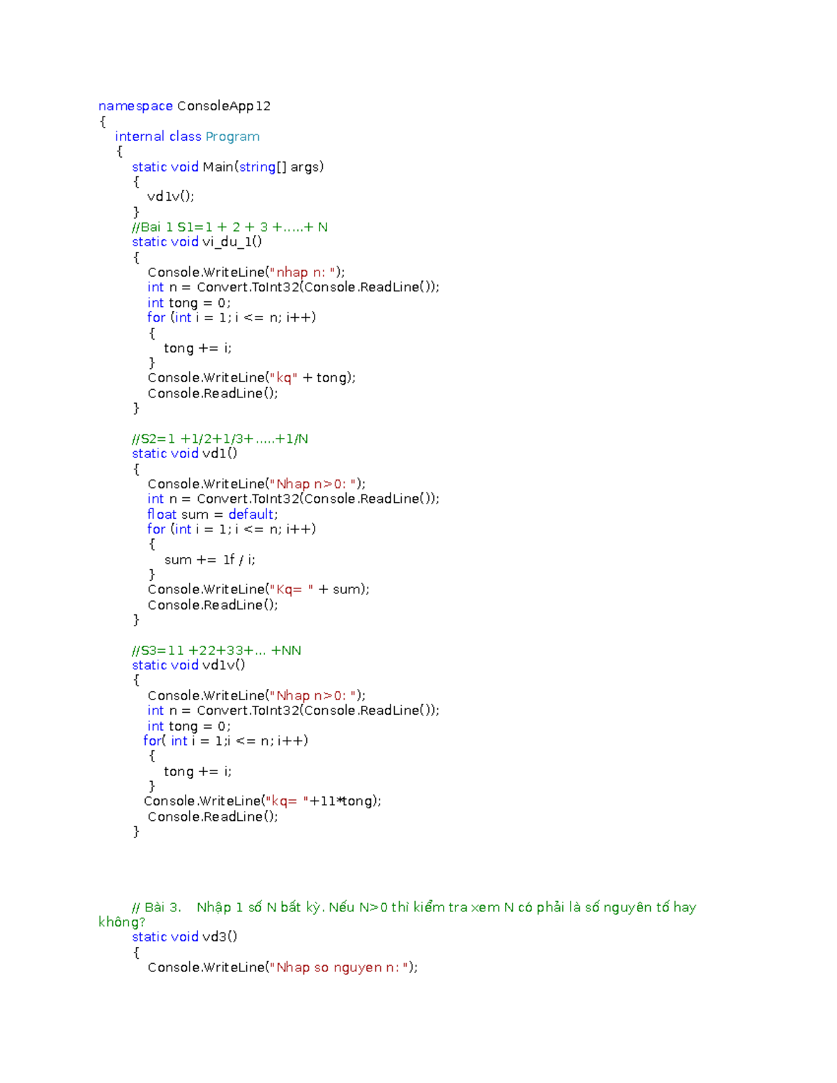 Bai tap vong lap - cơ sở lập trình cơ bản - namespace ConsoleApp { internal class Program ...