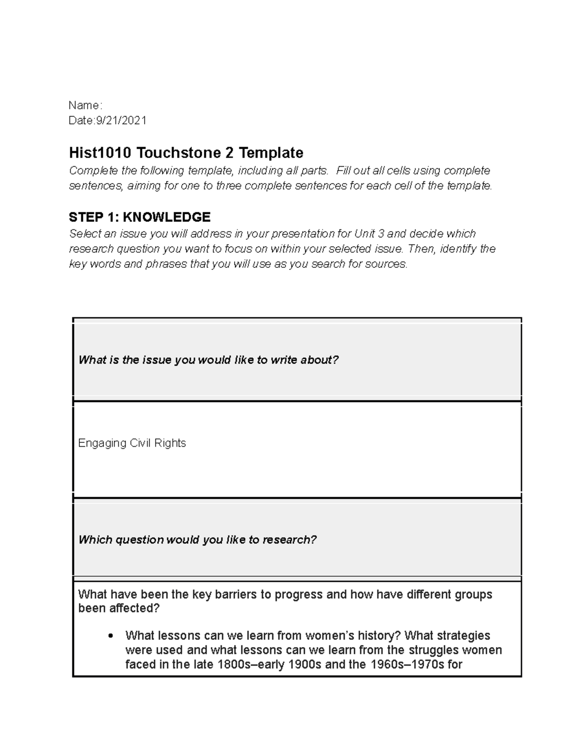History UNIT 2 Touchstone 2 copy copy copy - Name: Date:9/21/ Hist1010 ...