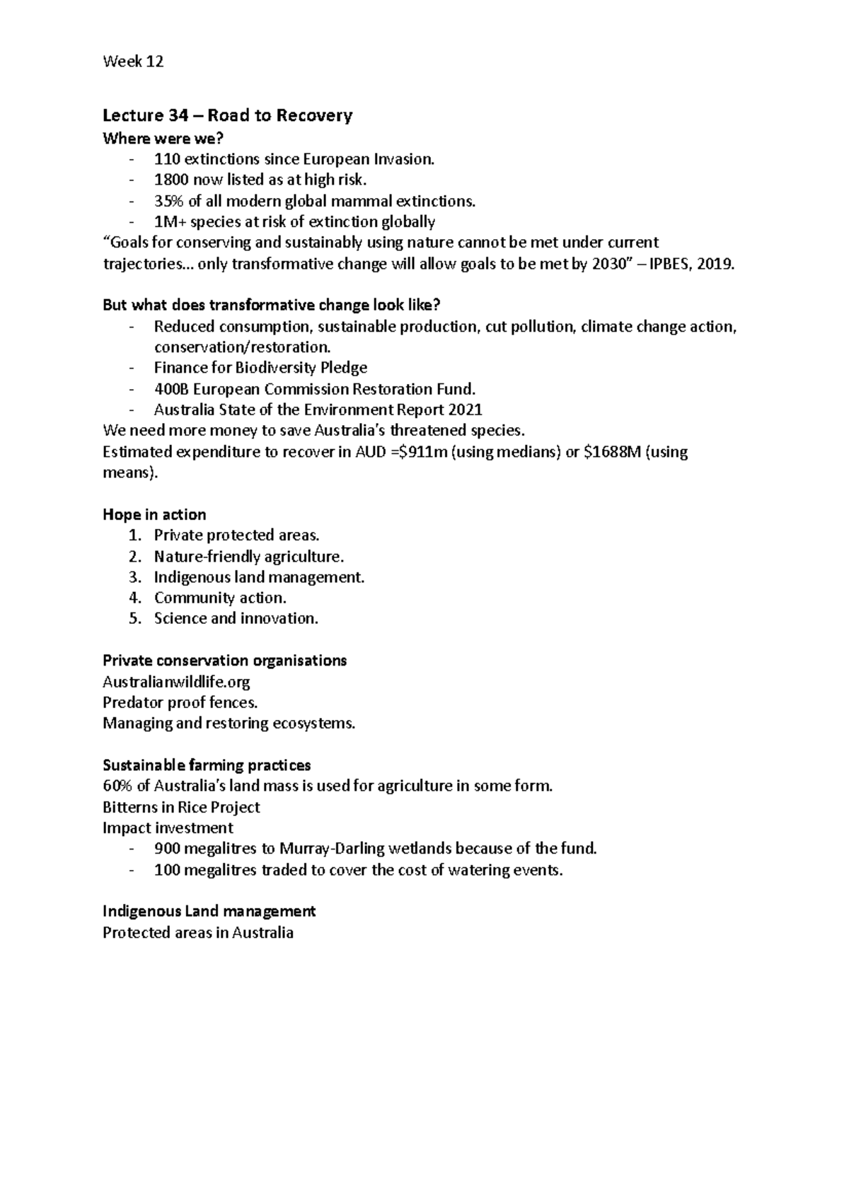 Week 12 - Lecture Notes - Lecture 34 – Road to Recovery Where were we ...
