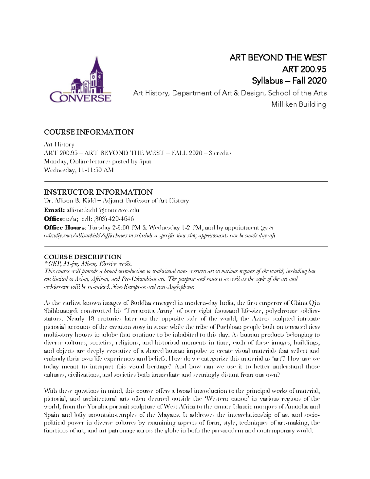 ART200 Syllabus with detailed Course Schedule - ART BEYOND THE WEST ART ...