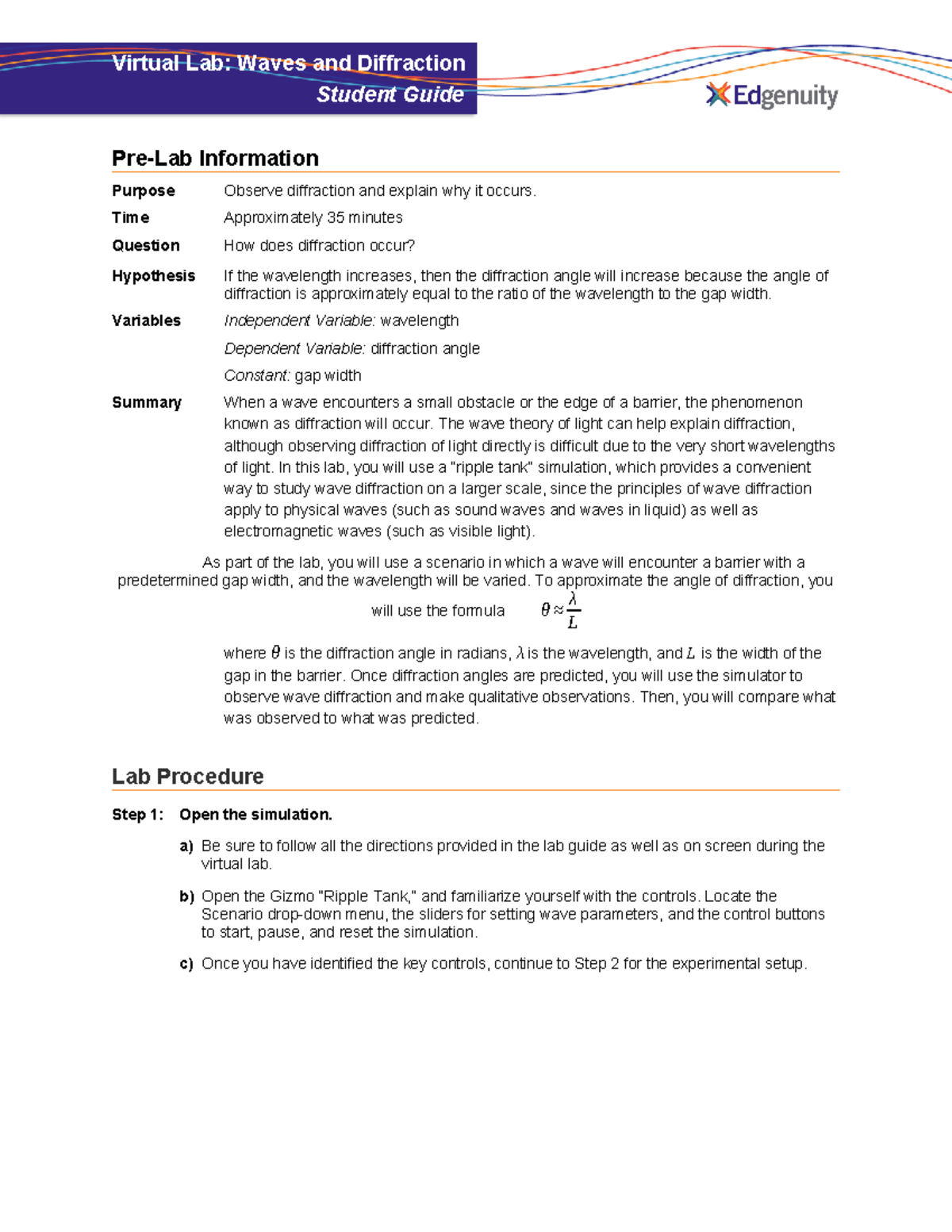 Virtual Lab Guide - Waves and Diffraction- SG - Virtual Lab: Waves and Diffraction Student Guide ...