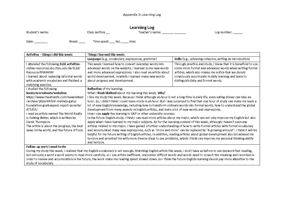 Learning Log1 - 111111111111111 - Appendix 2: Learning Log Learning Log ...