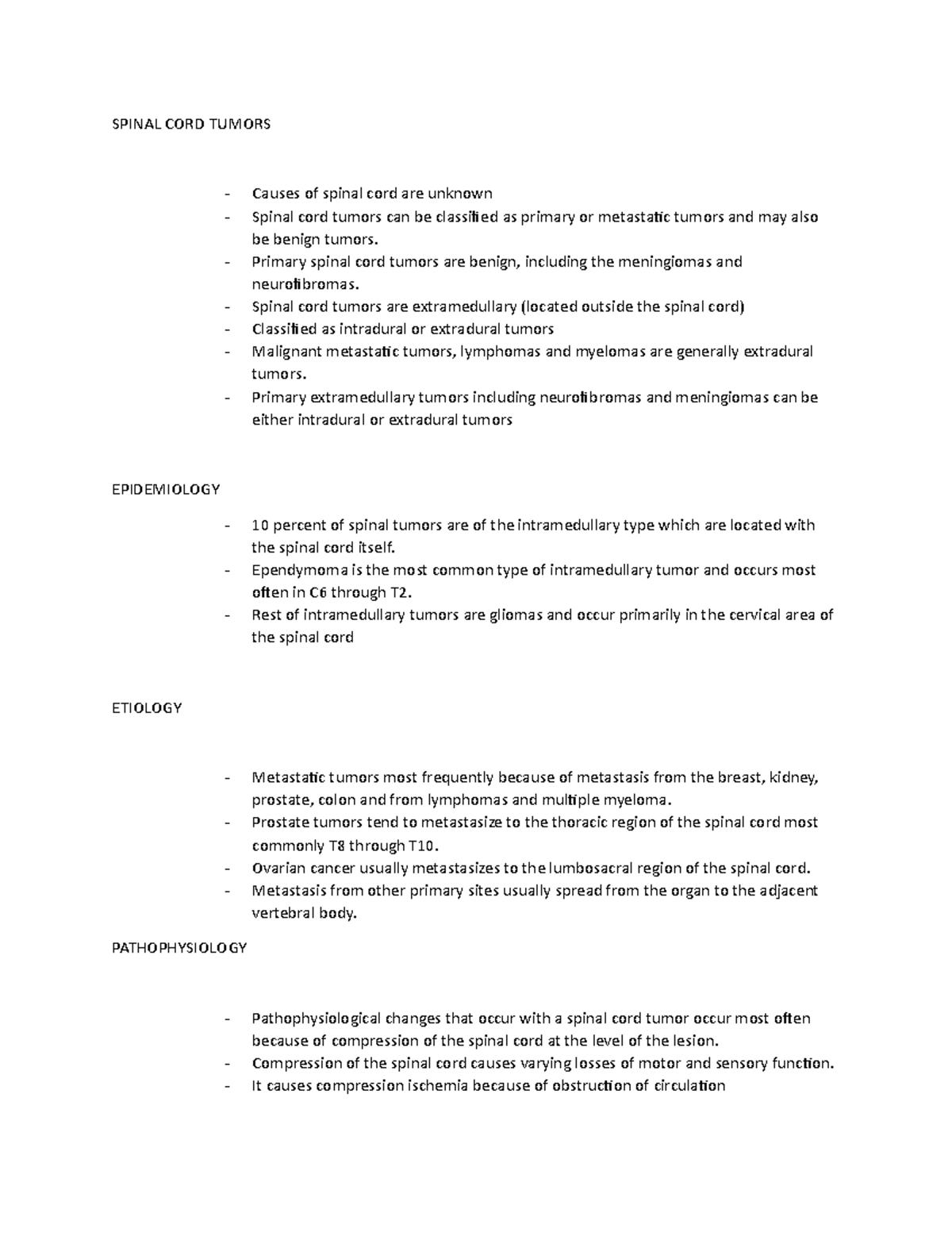 Spinal CORD Tumors - Lecture notes 45-47 - SPINAL CORD TUMORS Causes of ...