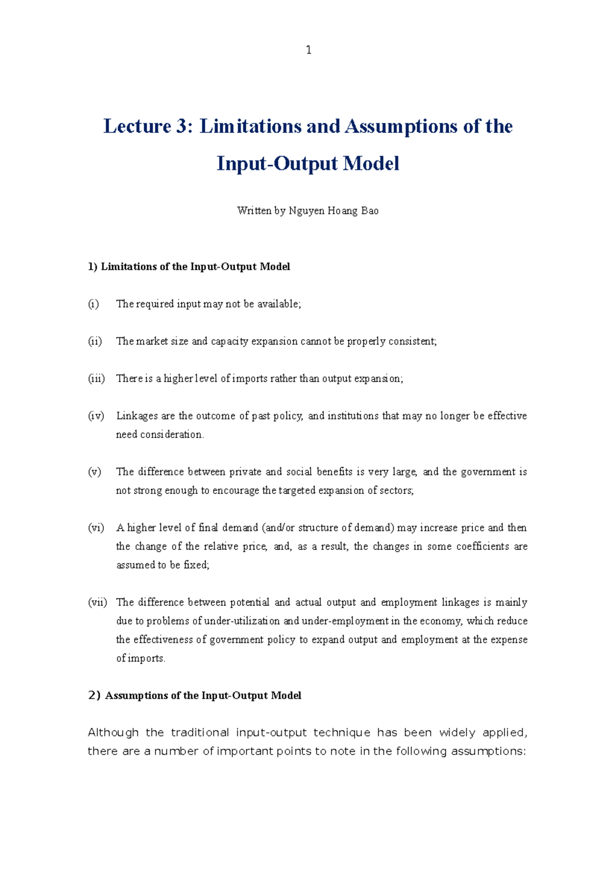 IO 3 - Lecture notes - Lecture 3: Limitations and Assumptions of the ...