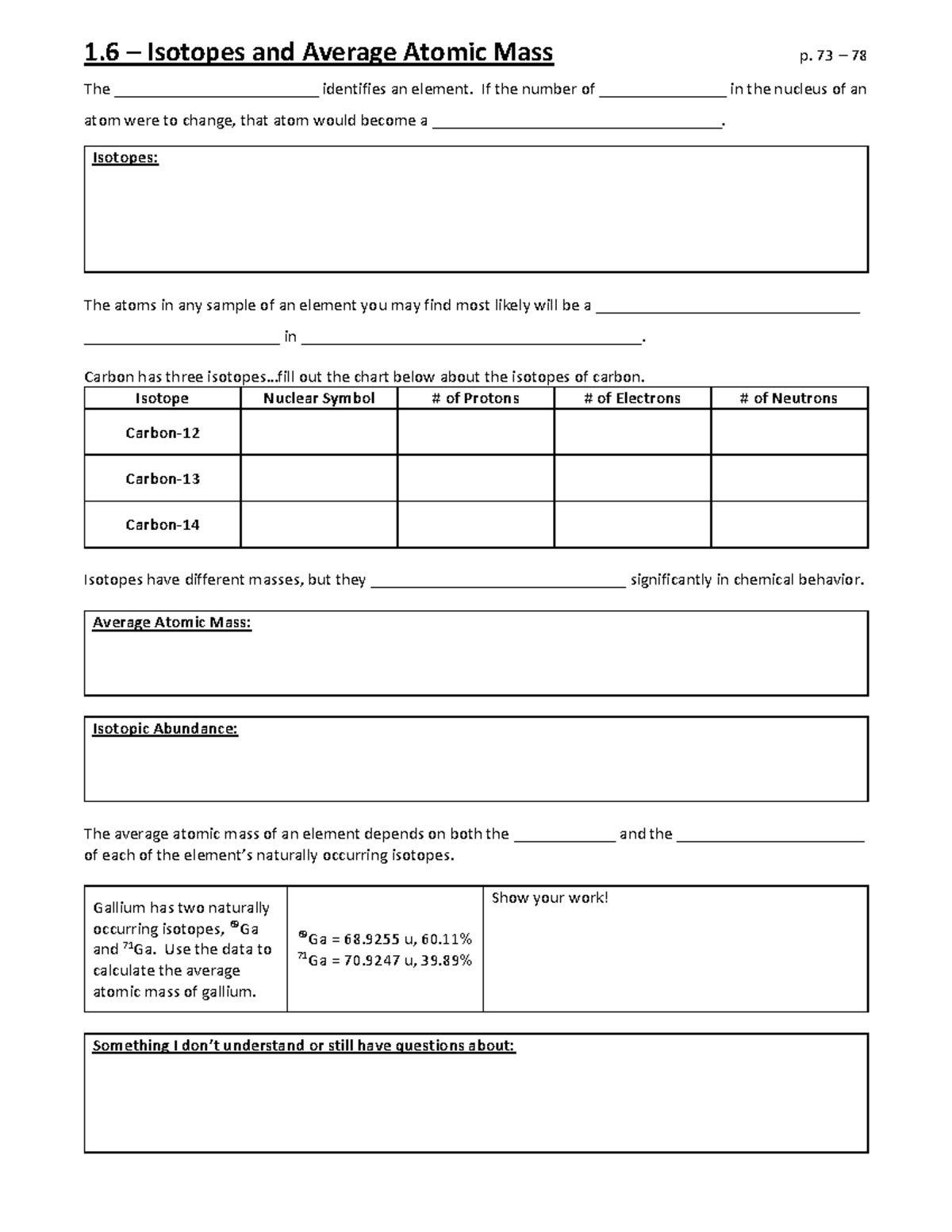 1.6 - NEW isotopes - 1. 6 – Isotopes and Average Atomic Mass p. 73 – 78 ...