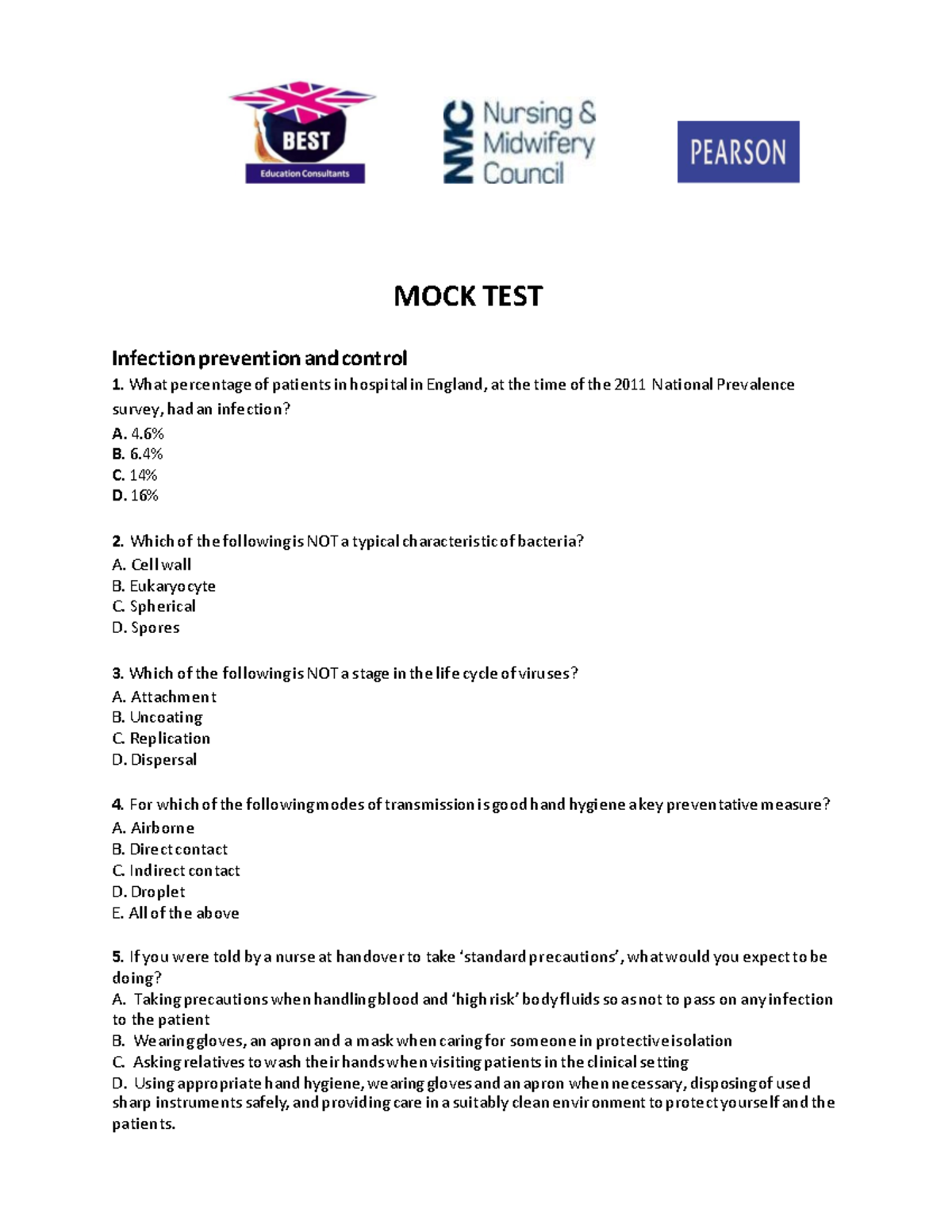NMC MOCK EXAM - To help nursing students practice - MOCK TEST Infection ...
