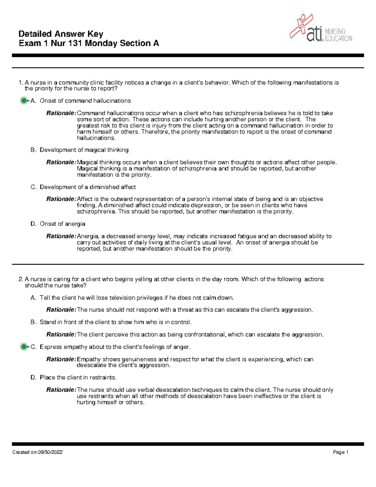 Detailed Answer Key to exam 1 - Exam 1 Nur 131 Monday Section A A nurse ...