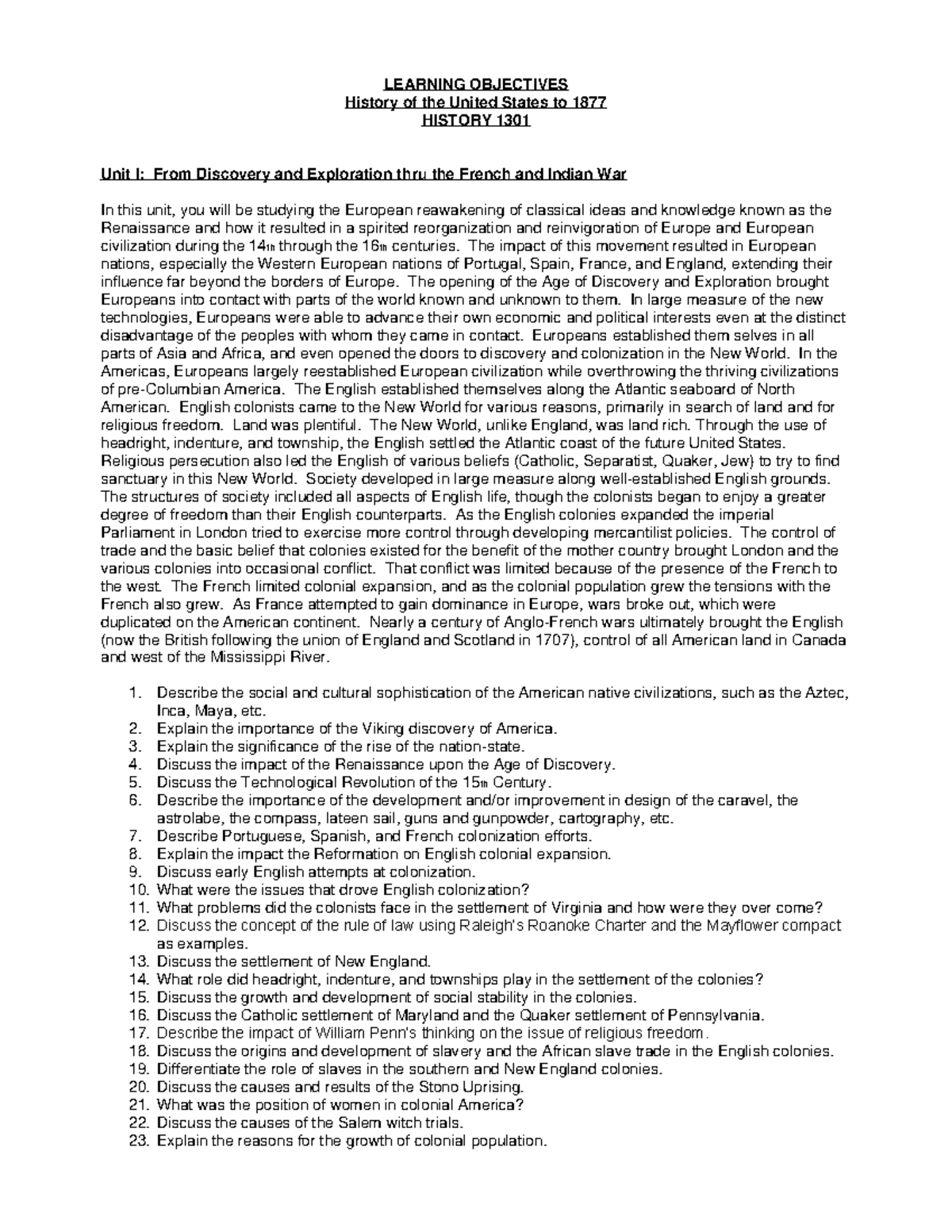 1301 Learning Objectives - Unit 1 - LEARNING OBJECTIVES History of the ...