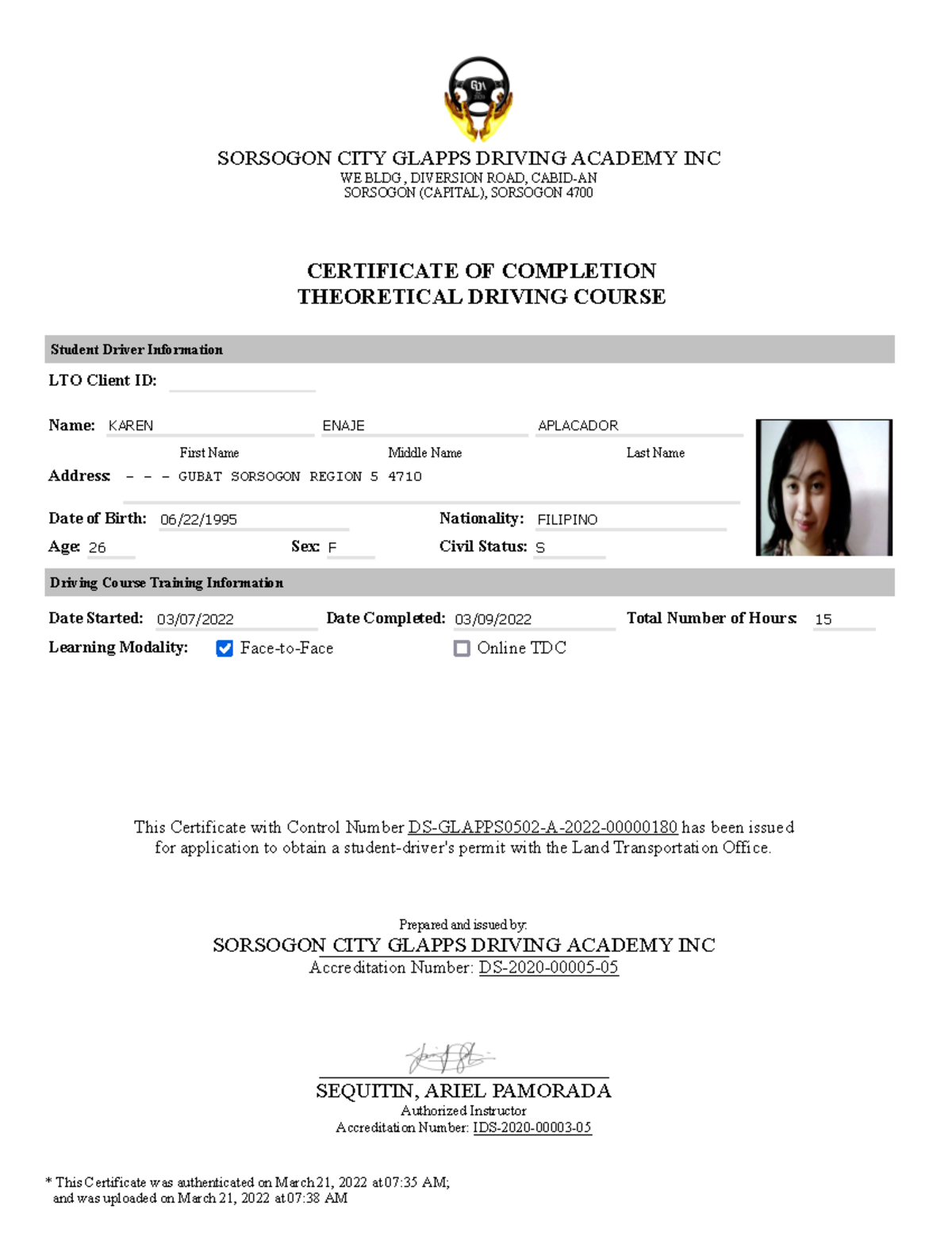 Aplacador, Karen TDC SIR - SORSOGON CITY GLAPPS DRIVING ACADEMY INC WE ...