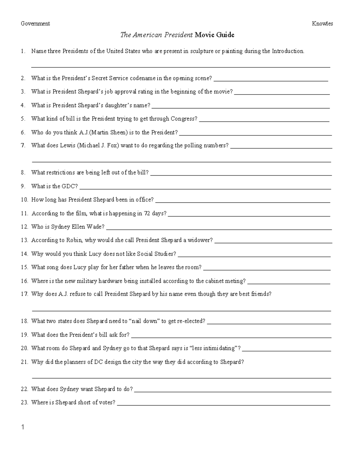 The American President Film Guide - The American President Movie Guide ...