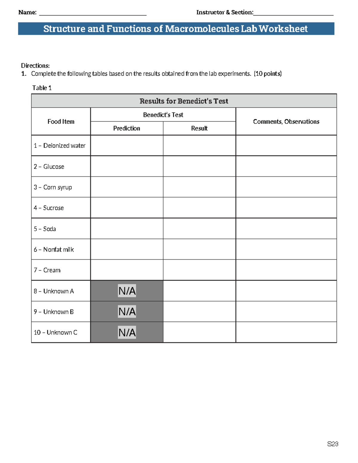 S23 Macromolecules worksheet - Structure and Functions of Macromolecules Lab Worksheet ...