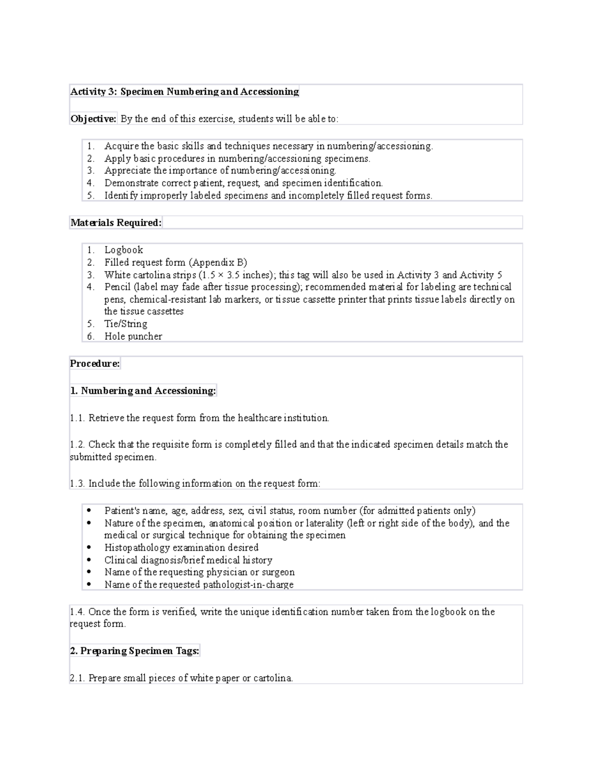 Histo-Cyto-Lab-Activity-345 2 - Activity 3: Specimen Numbering and ...