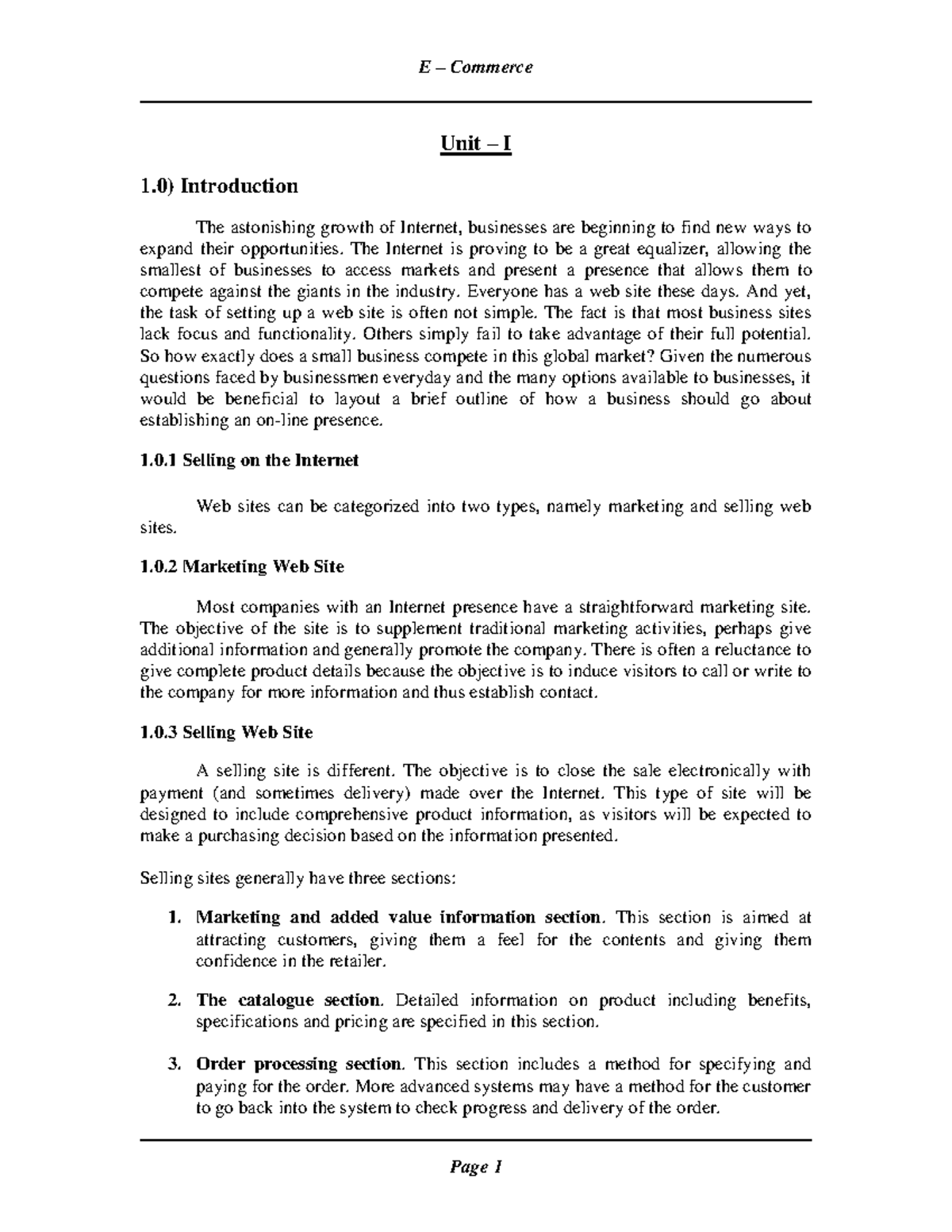 E-Commerce Unit I - Unit – I 1) Introduction The astonishing growth of ...