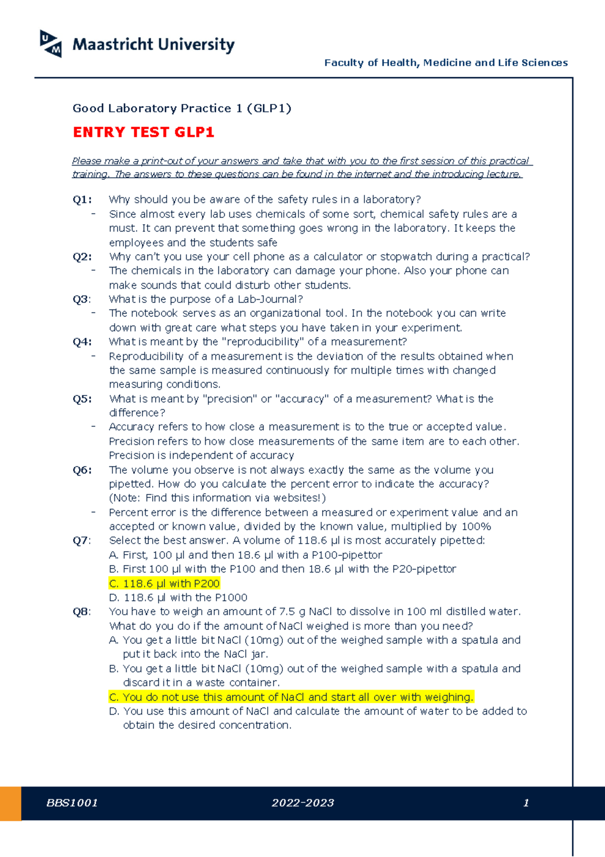 BBS1001 Entry test GLP1 2022-2023 - Good Laboratory Practice 1 (GLP1 ...