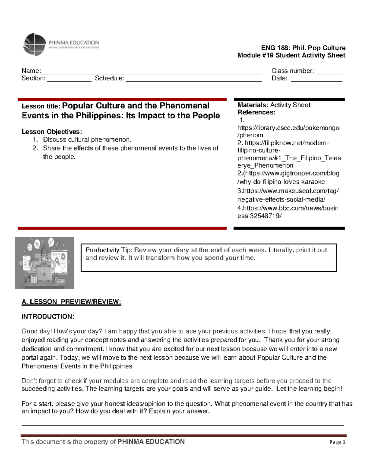 SAS#19 ENG 188 - lecture notes of pop culture - Module #19 Student ...