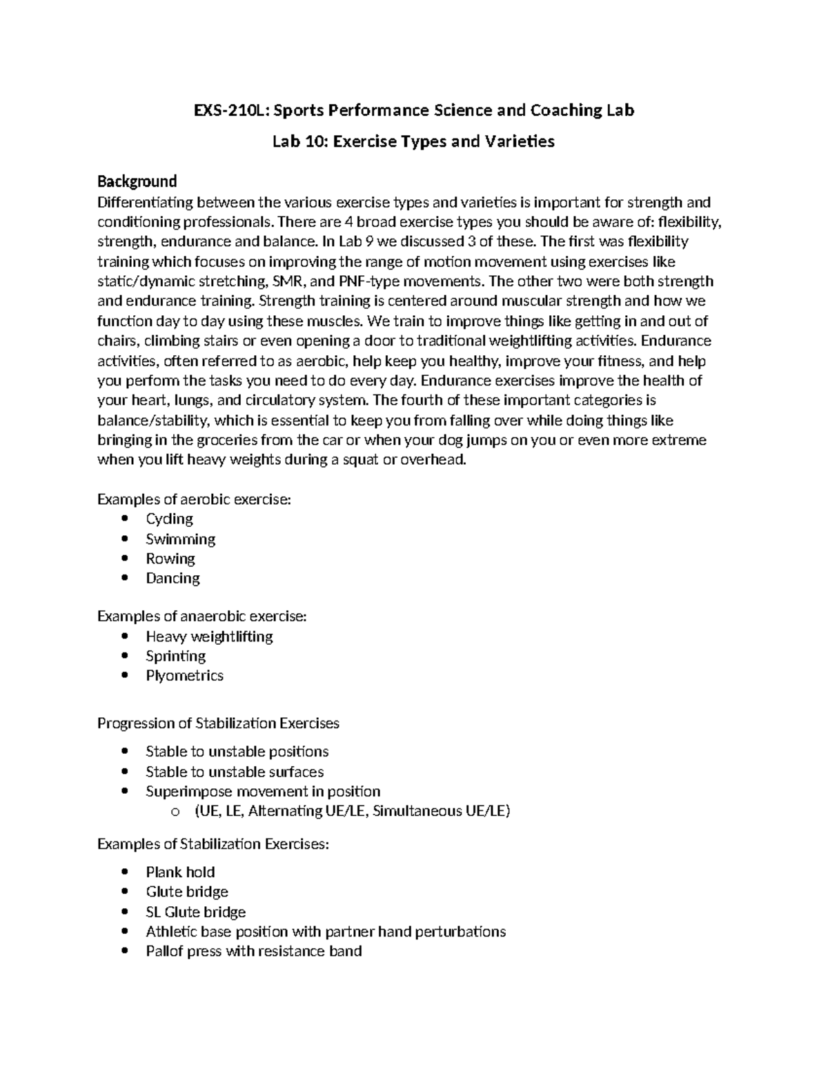 EXS-210L - Lab 10 - Exercise Types and Varieties - EXS-210L: Sports ...