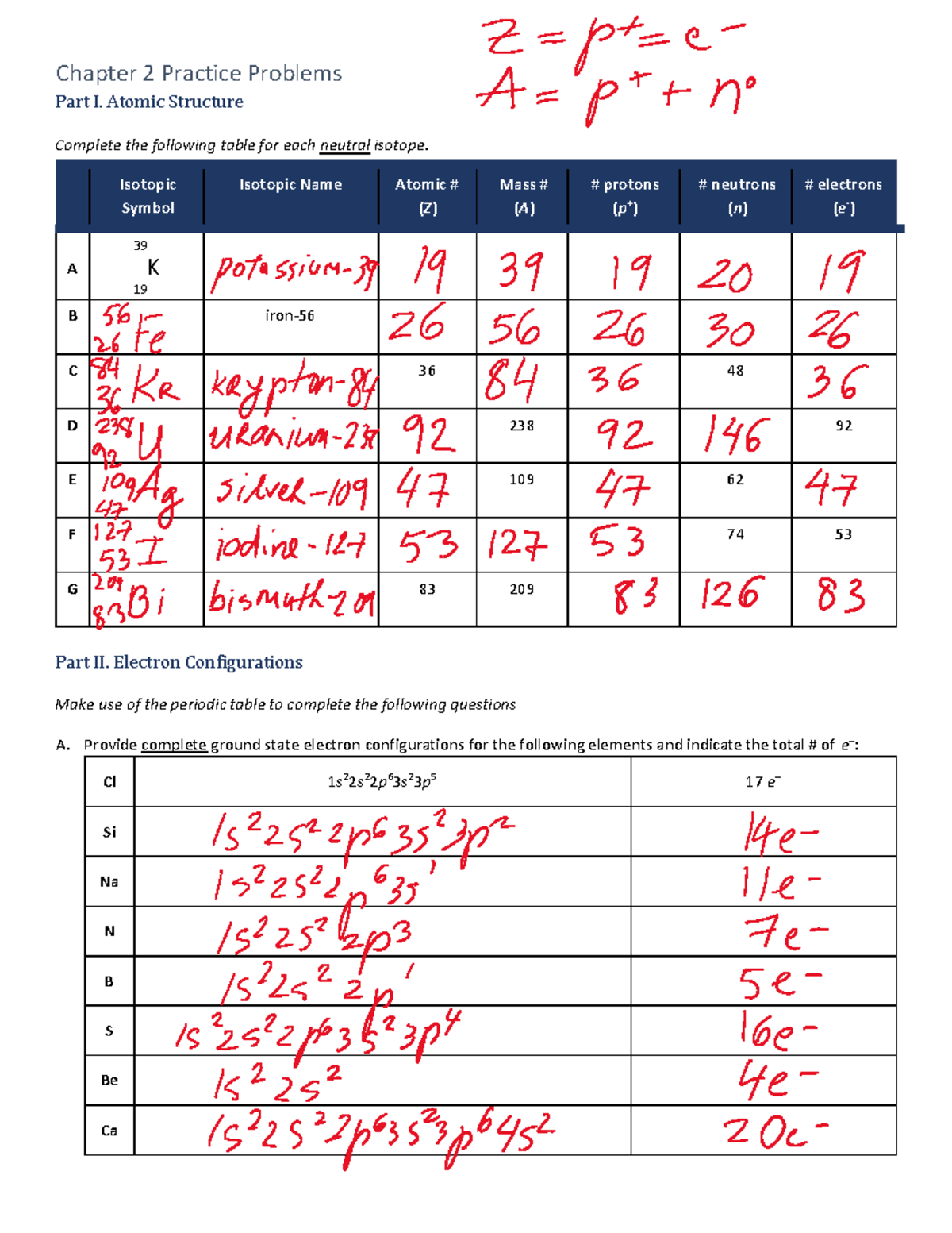 Practice Problems Ch2 KEY - Chapter 2 Practice Problems Part I. Atomic ...