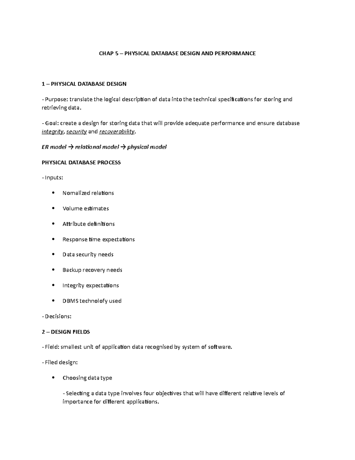 CHAP 5 - Physical Database Design AND Performance - CHAP 5 – PHYSICAL DATABASE DESIGN AND - Studocu