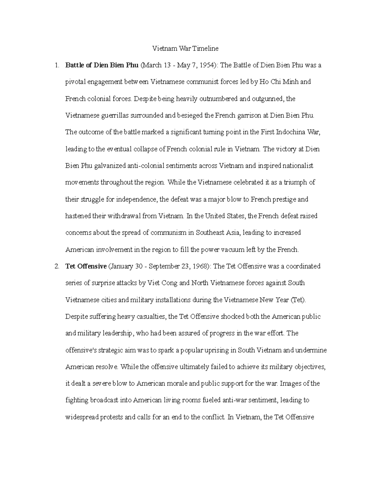 Vietnam War Timeline - Vietnam War Timeline Battle of Dien Bien Phu ...